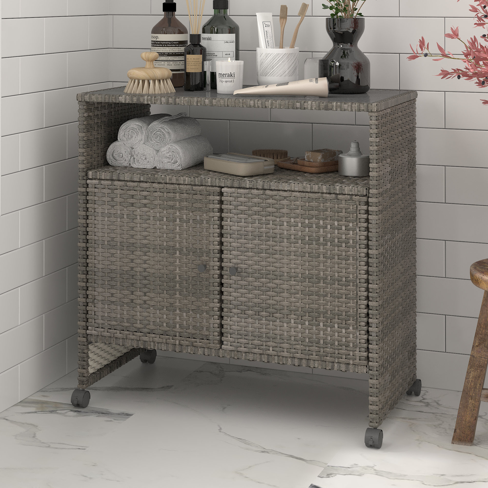 Latitude Run® 2 Door Rattan Bathroom Cabinet With 4 Wheels | Wayfair