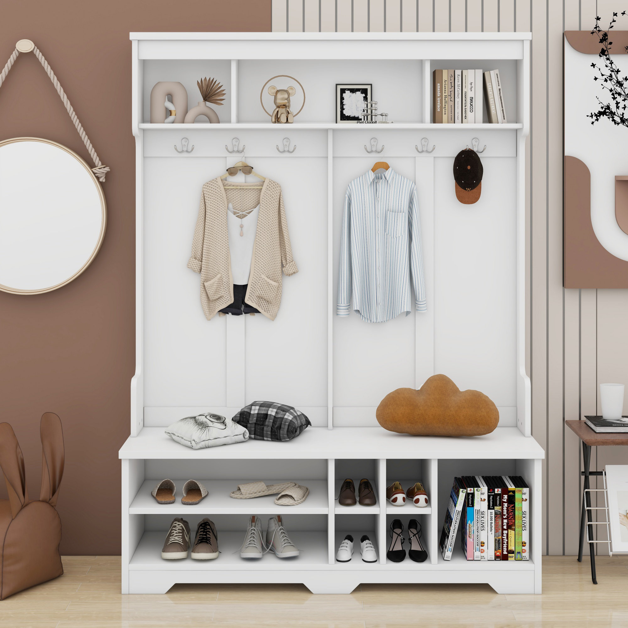 Ebern Designs Coat Rack With Shoe Cubbies | Wayfair
