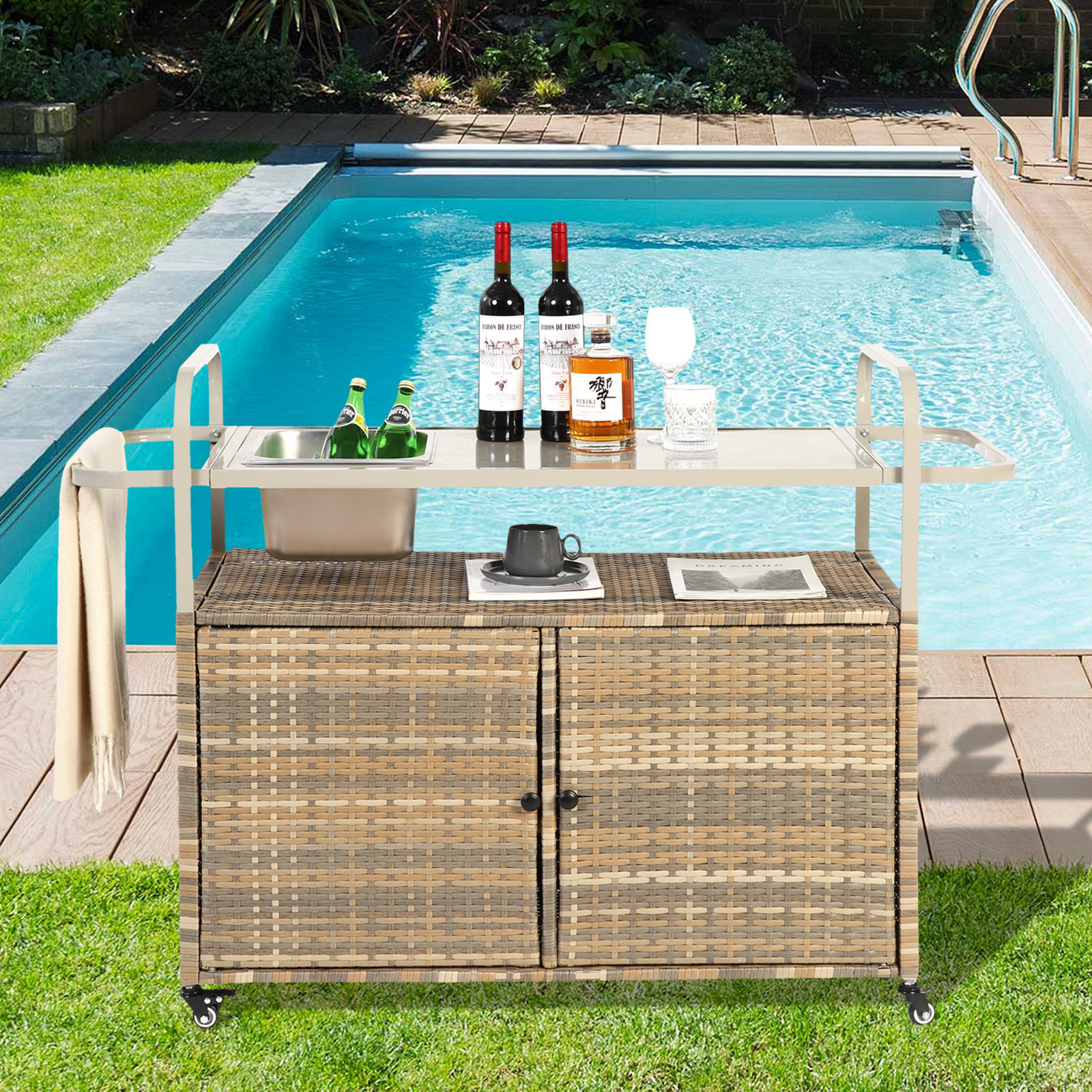 Latitude Run® Outdoor Bar Table & Wicker Bar Cart With Lockable Wheels ...