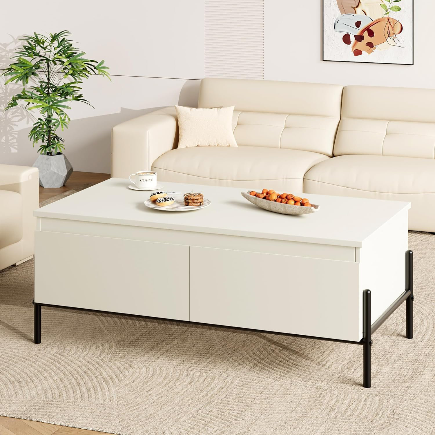 Ebern Designs Modern White Coffee Table, Various Storage Spaces, Handle ...