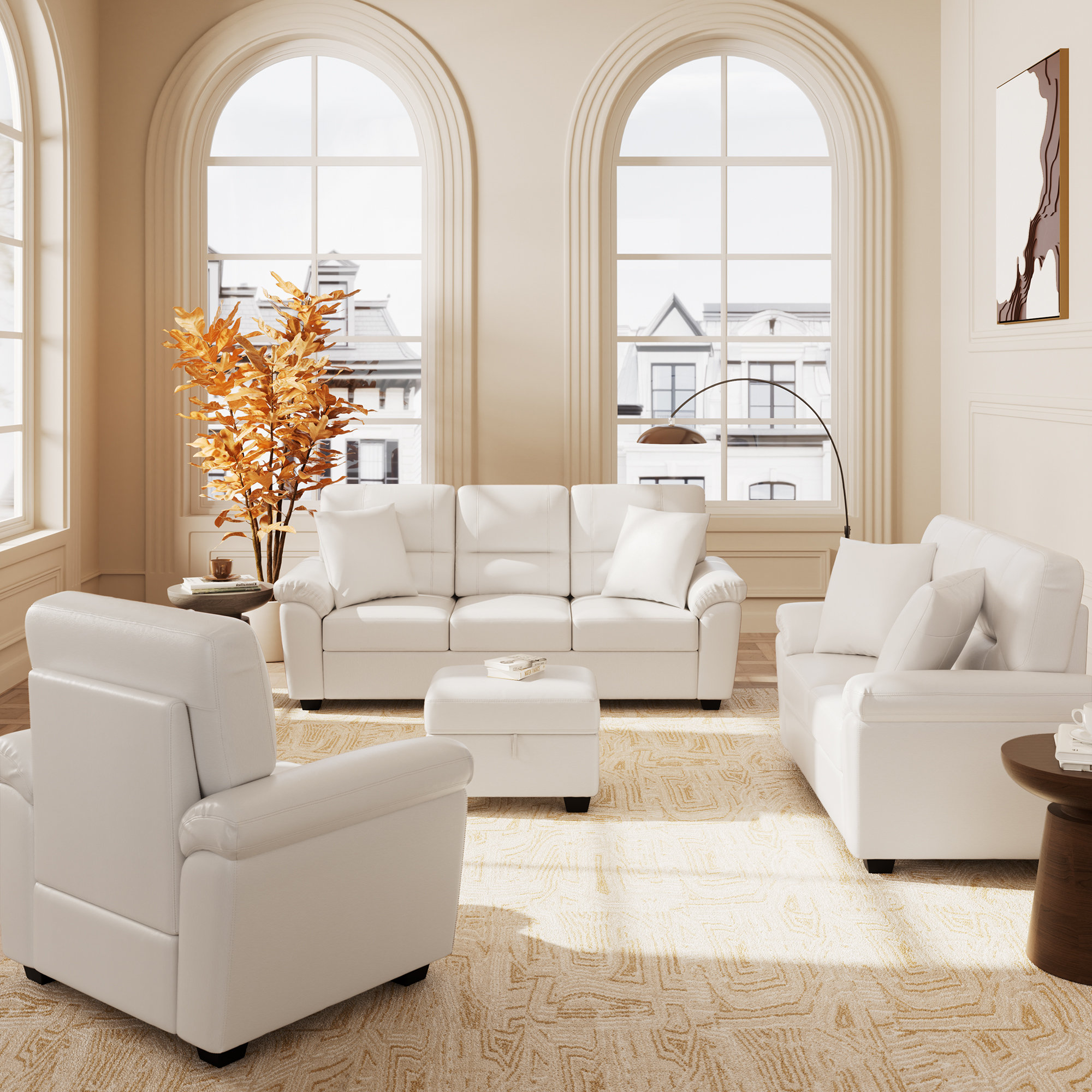 4 Piece Living Room Set Faux Leather Sofa Set with Storage Ottoman Bench Latitude Run Upholstery Color White