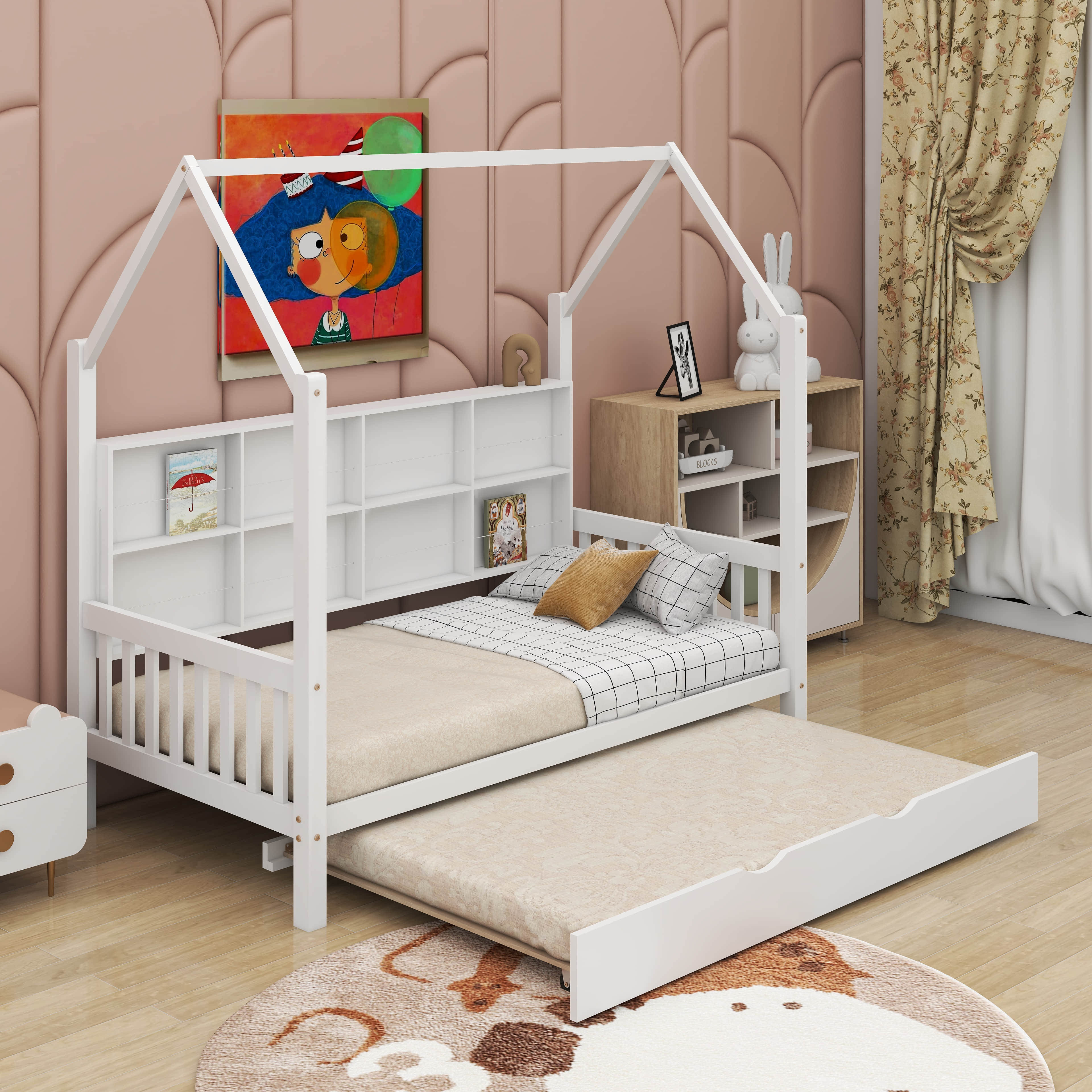 Harper Orchard Wooden House Bed With Trundle,Kids Bed With Shelf | Wayfair