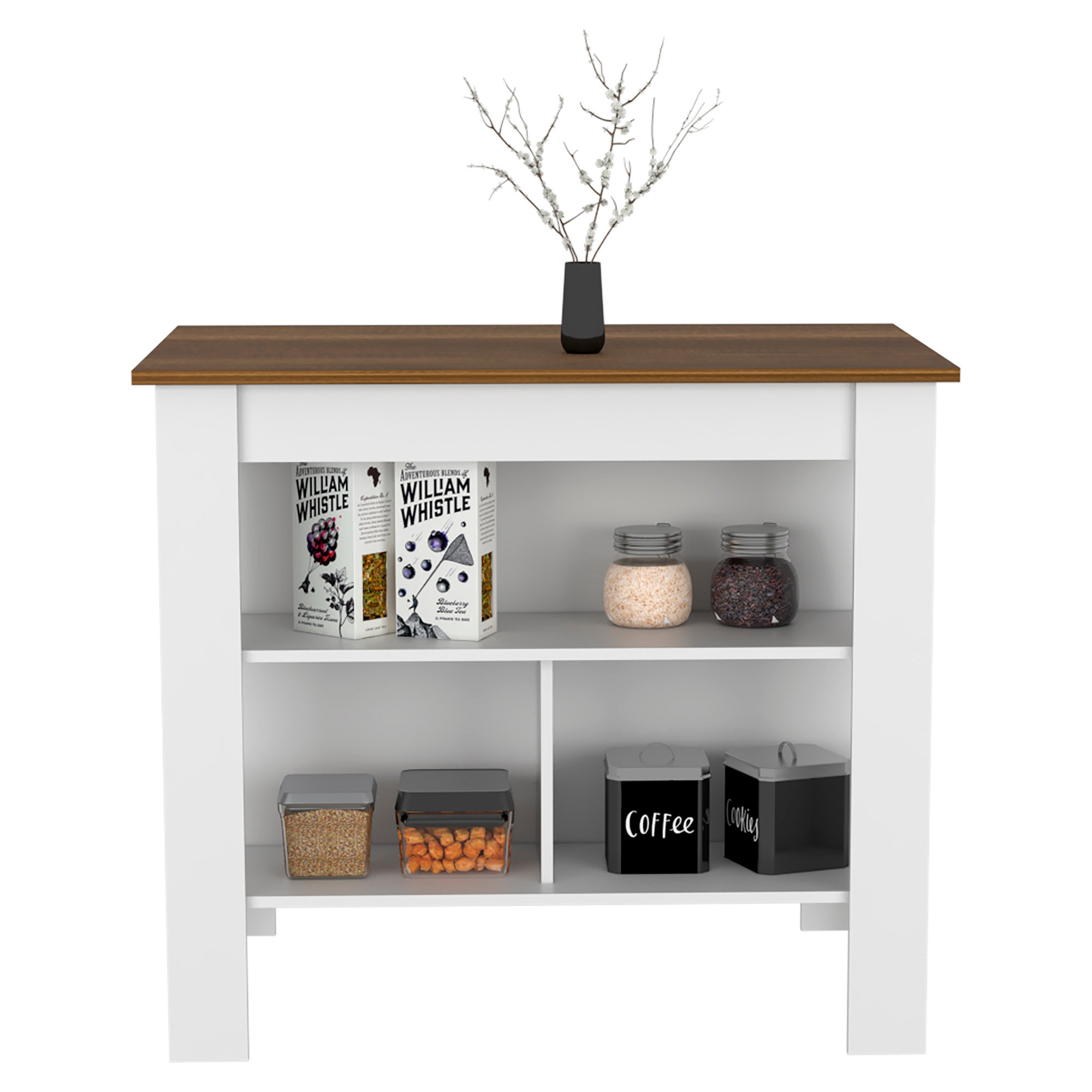 Ebern Designs Cala Kitchen Island, Four Legs, Three Shelves -White ...