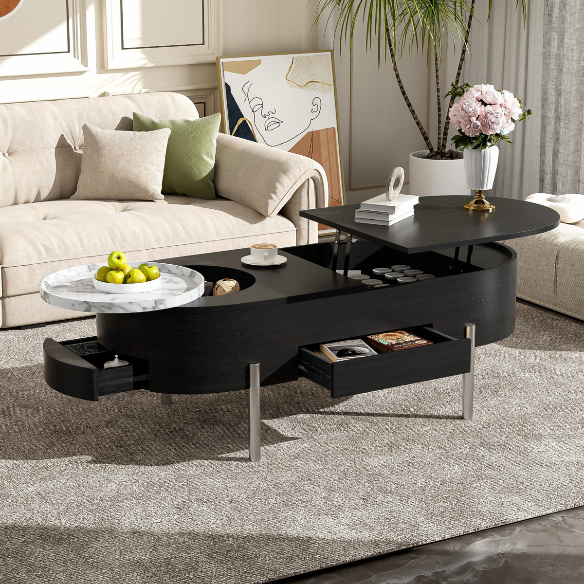 Ivy Bronx Modern Oval Lift Coffee Table with Hidden Compartments and ...