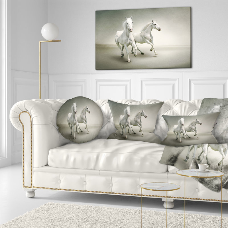 Design Art Fast Moving White Horses - Animal Printed Throw Pillow | Wayfair