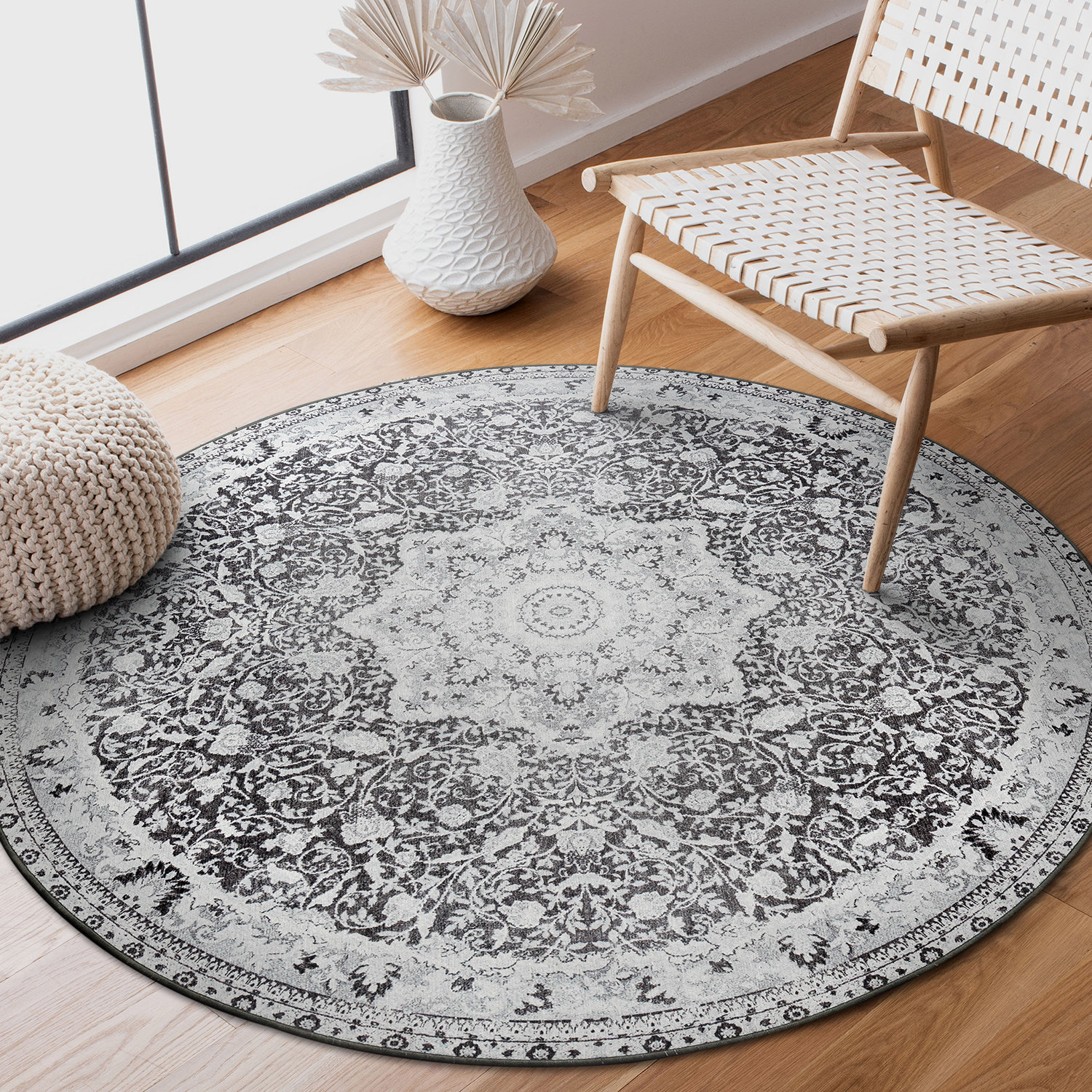My Magic Carpet Machine Washable Round Area Rug Parviz Grey 6X6 | Wayfair