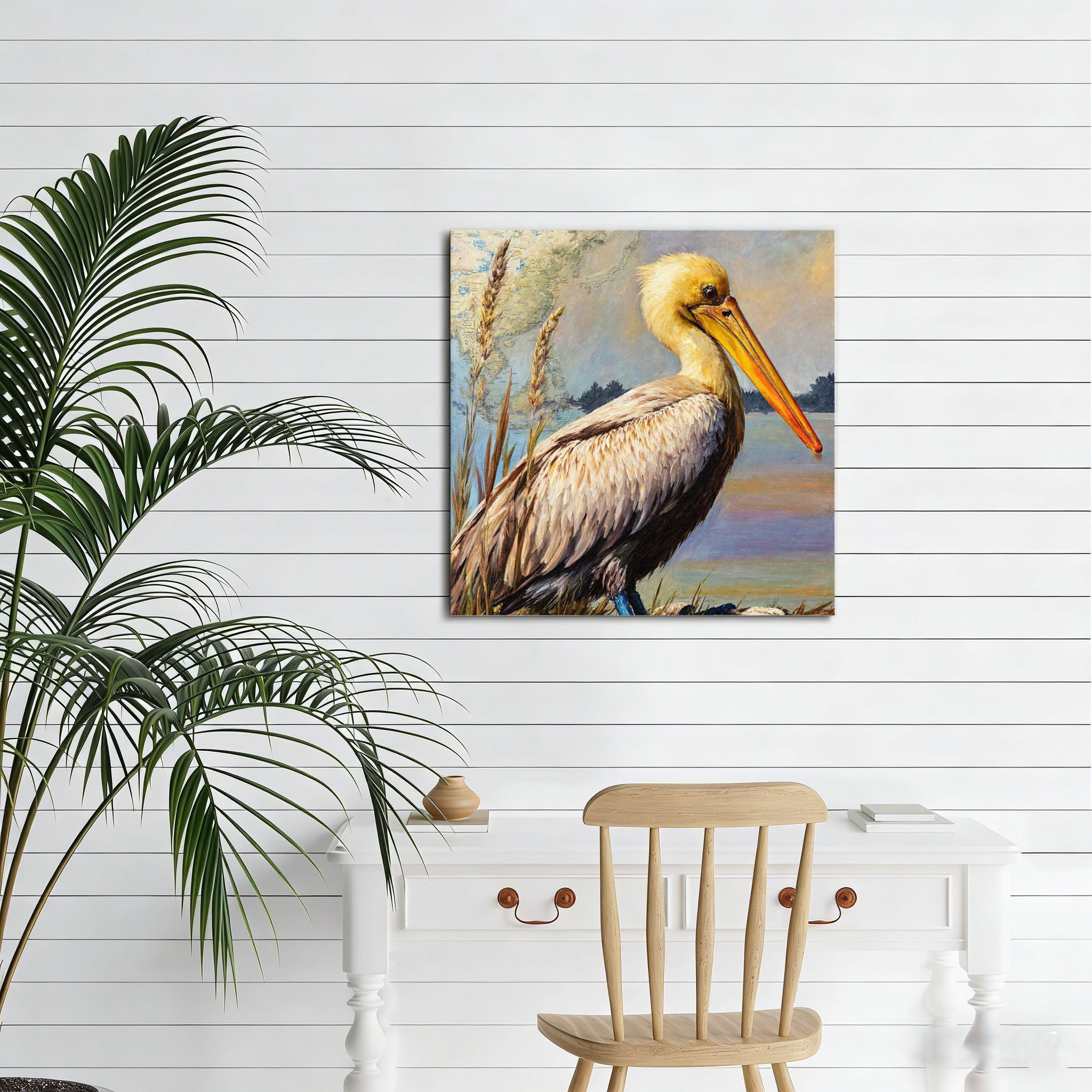 Highland Dunes Golden Pelican By Water , Unframed Wall Art, 16 X 16 ...