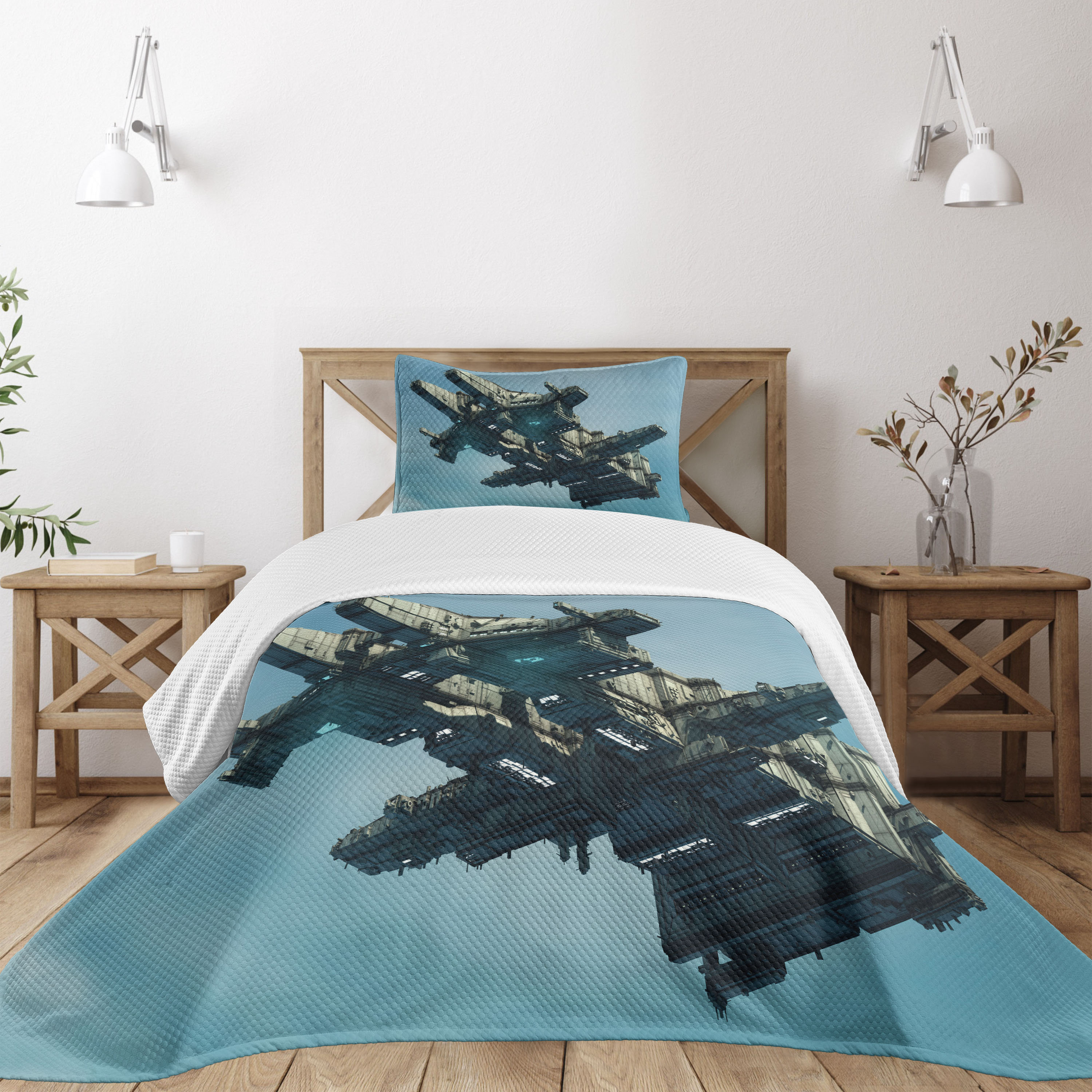 Ambesonne Ambensonne Fantasy Bedspread Sci Fi Alien Ship UFO UFO Pale ...