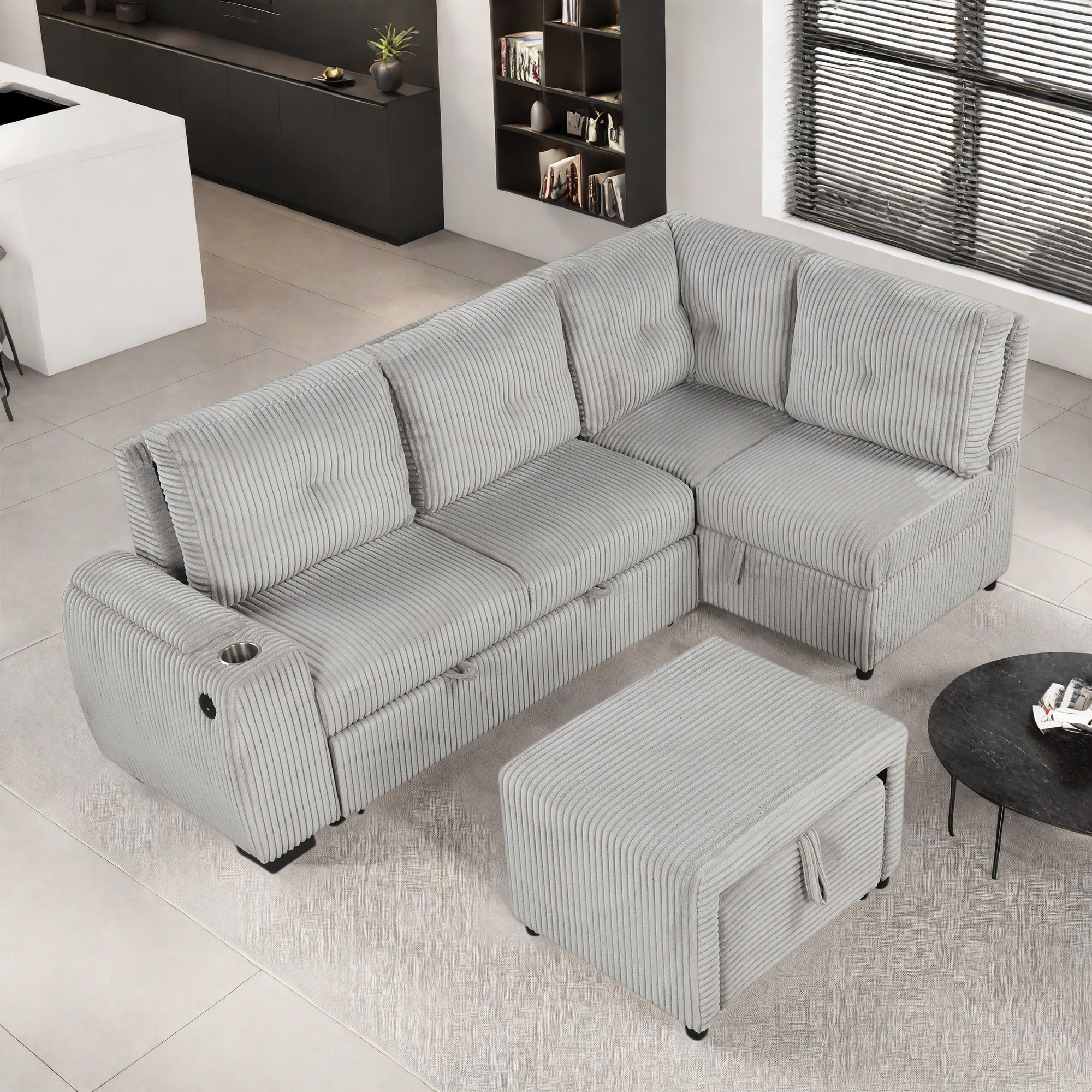 Latitude Run® Canapé-lit modulaire en L escamotable avec repose-pieds ...