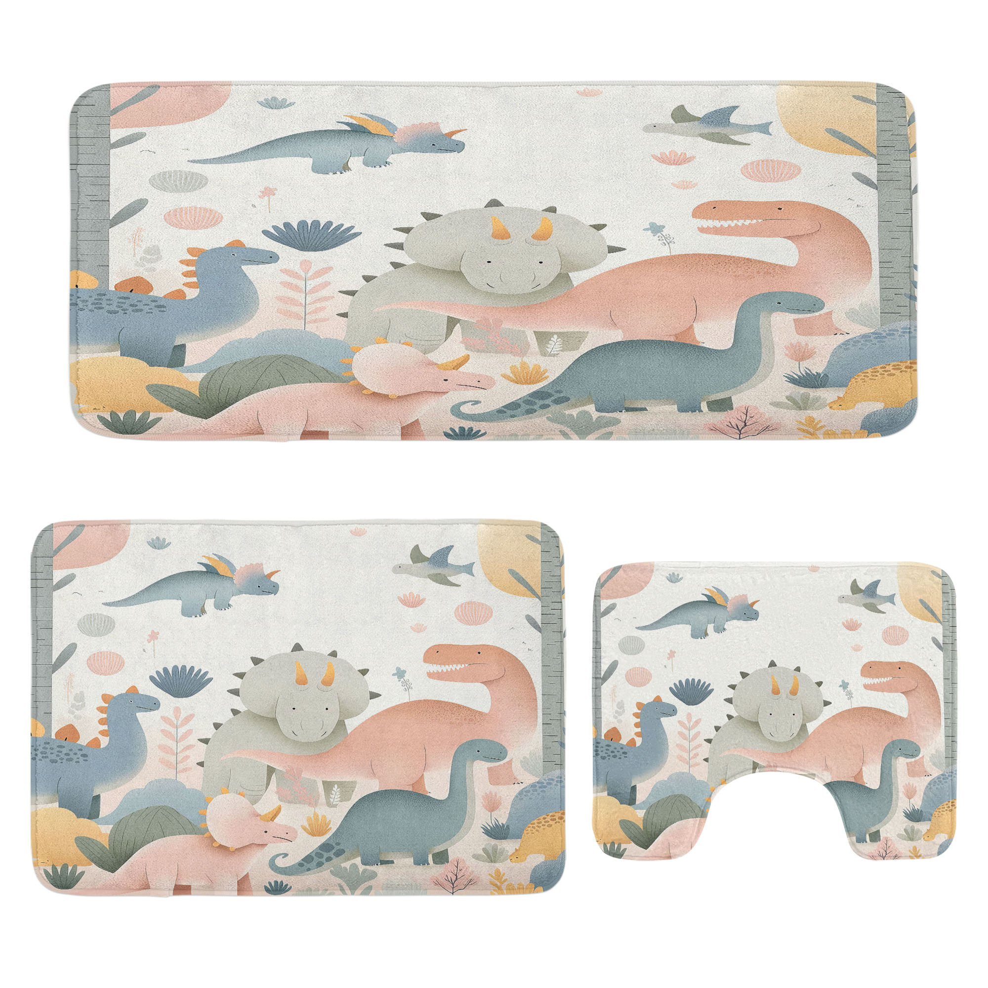 East Urban Home Dinosaur Bathroom Rug Set 3 Pieces U-Shape & Rectangle Mats Blush Blue Grey ...