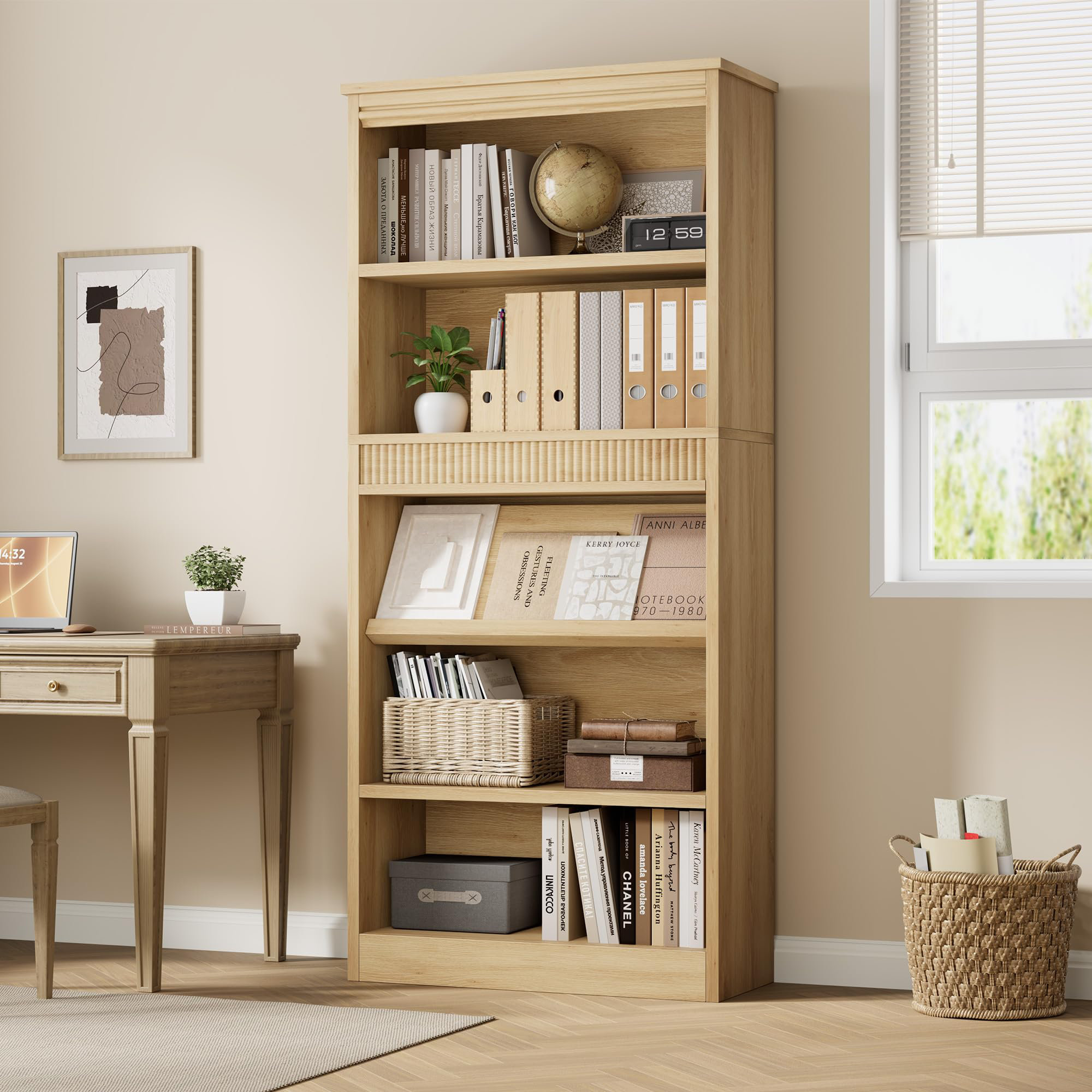August Grove 71" Farmhouse Bookcase w/ Double Fluted Design, 5 Tier ...
