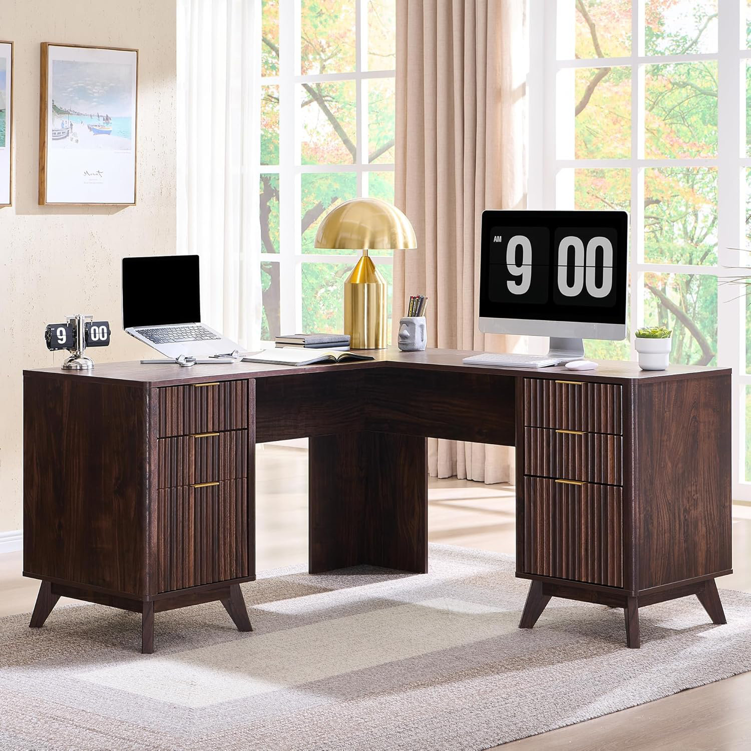George Oliver 60'' Fluted Executive L Shaped Desk, Modern Home Office ...