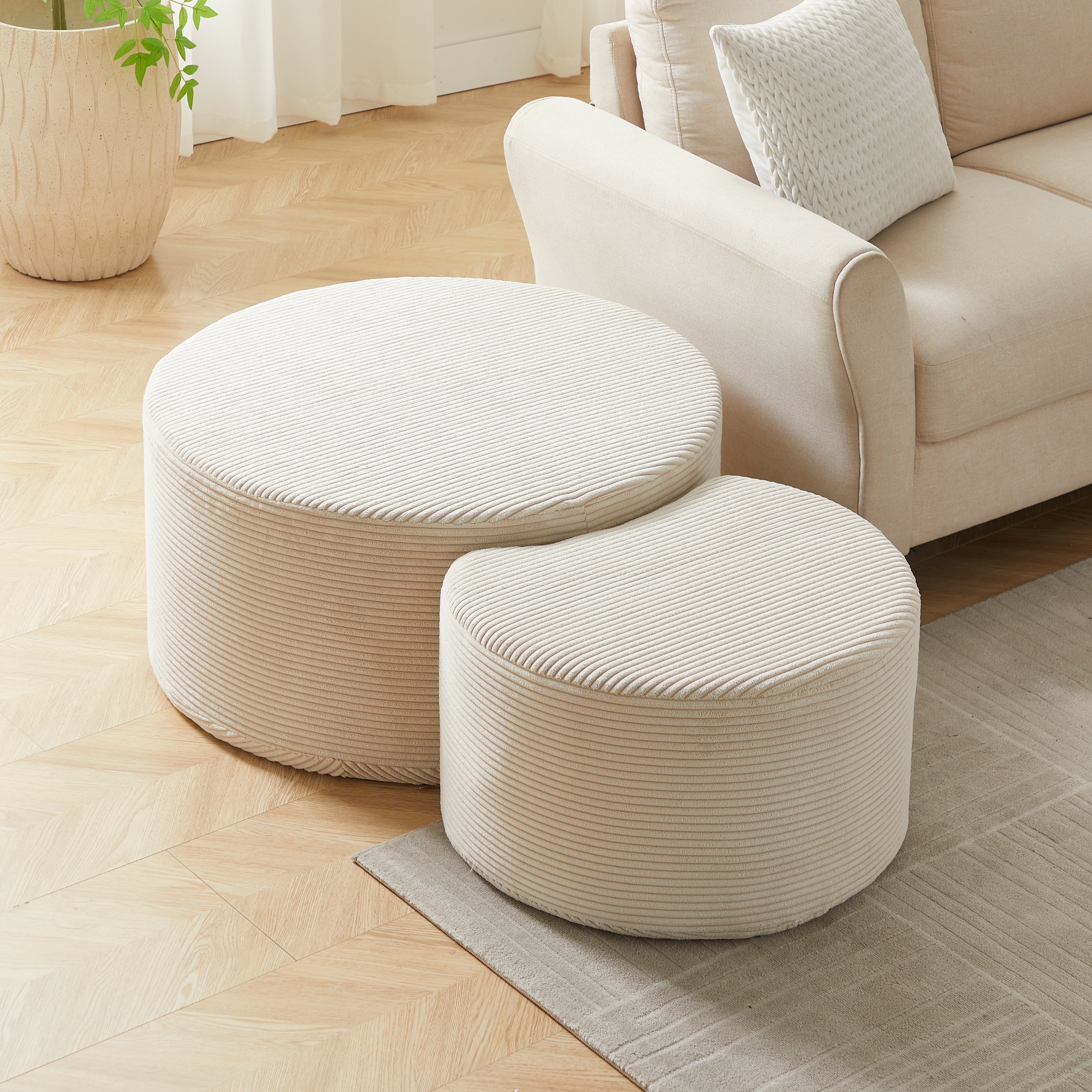 Latitude Run® Nesting Ottoman Coffee Table Set of 2, Upholstered Round ...