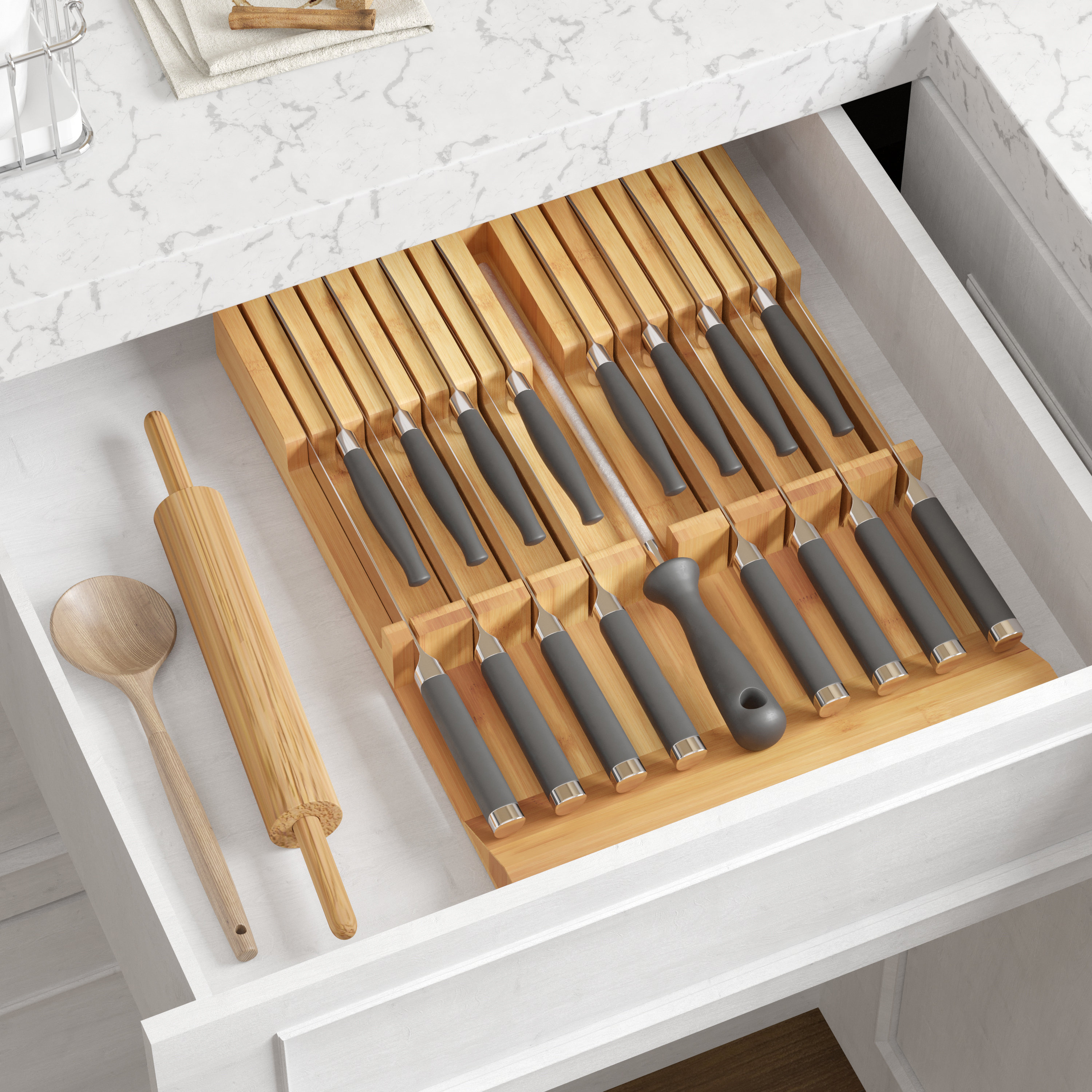 SpaceAid Bamboo Knife Drawer Organizer Insert, Kitchen Knife Holder ...