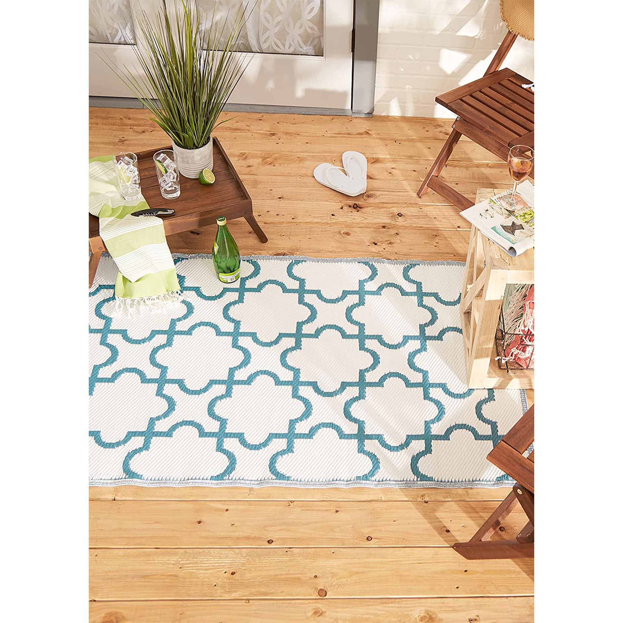 Winston Porter Tapis De Sol Extérieur En Treillis Thaddeus Bleu Et