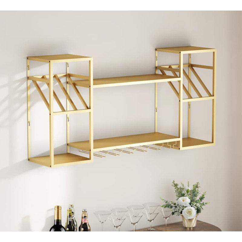 Everly Quinn Floating Gold Metal Bar Shelves With Wine Rack And Glass ...