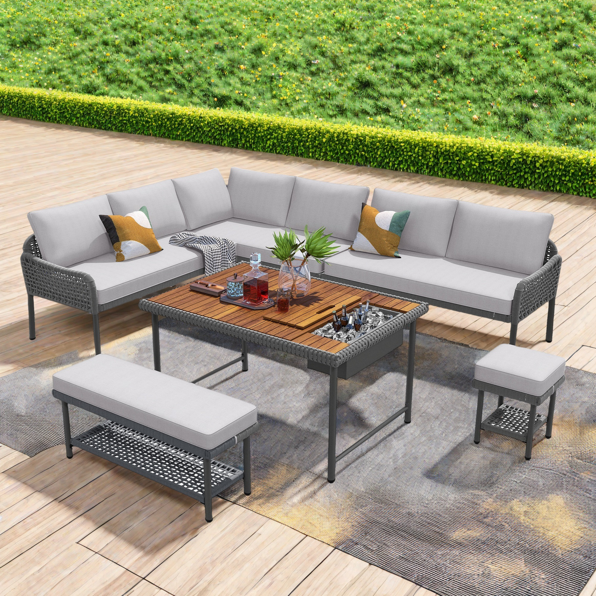 Latitude Run® 6-piece Rope Outdoor Conversation Set With L-shaped Set ...