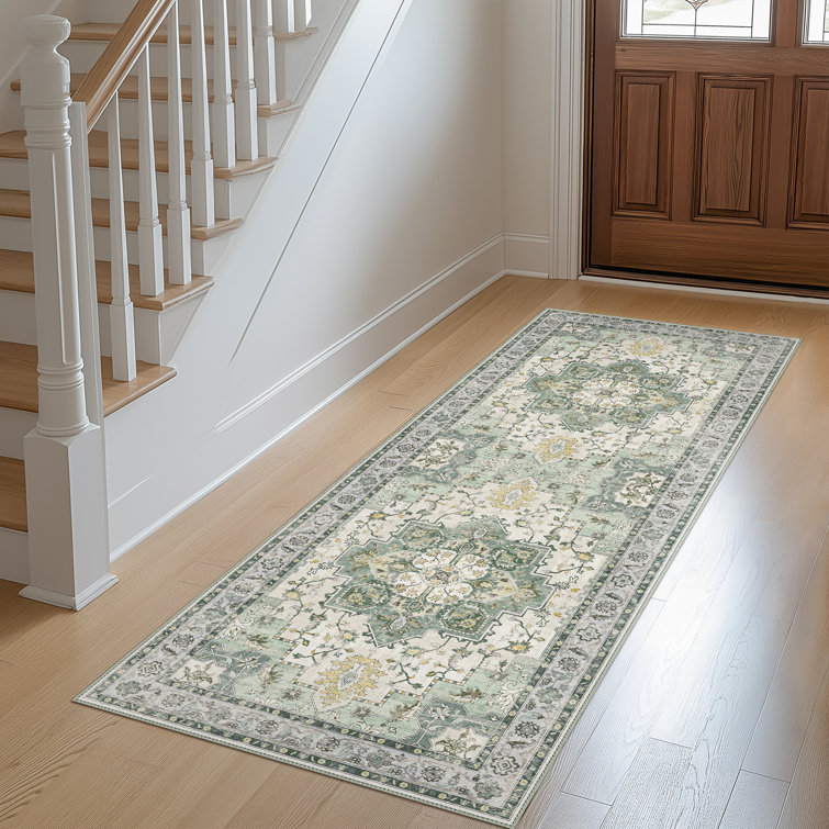 Bungalow Rose Machine Washable Oriental Green / Ivory Area Rug ...