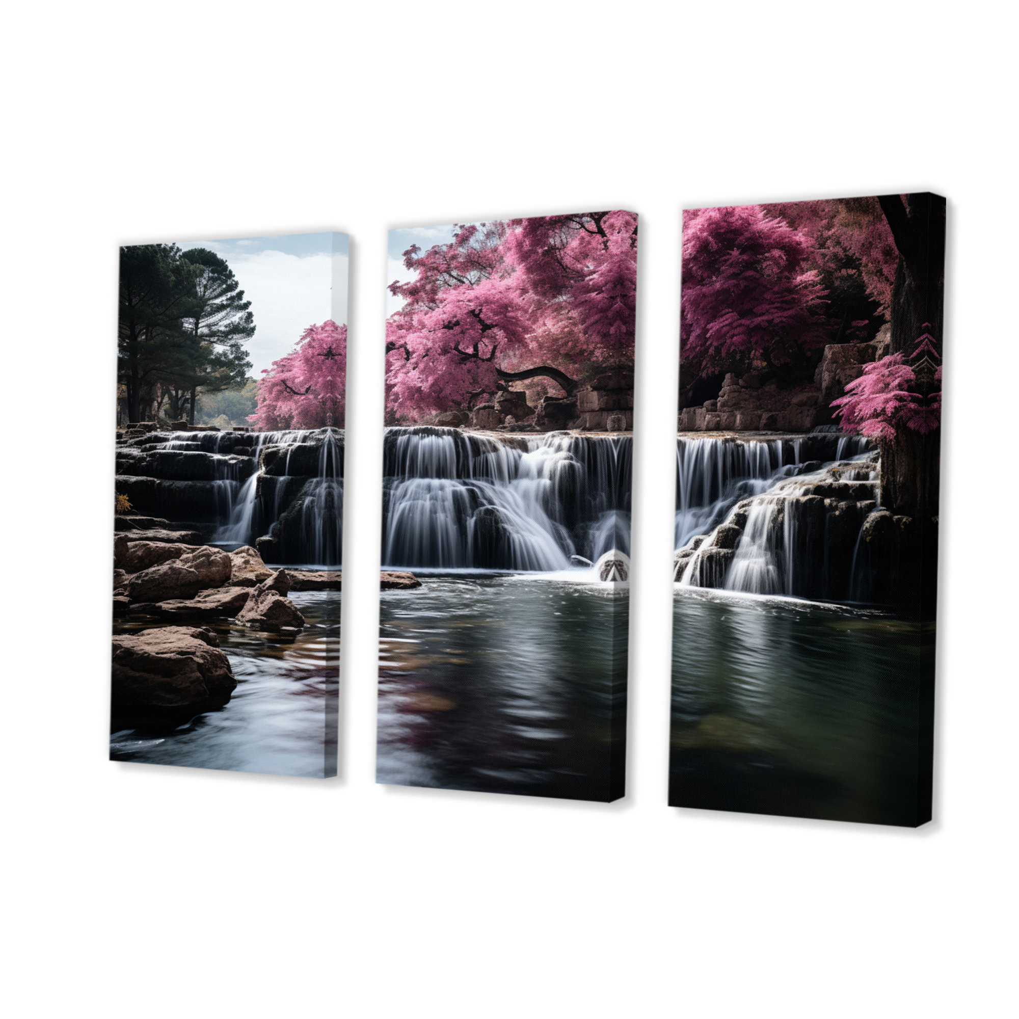 Millwood Pines Pink Gray Waterfall Muted Splendor On Canvas 3 Pieces ...