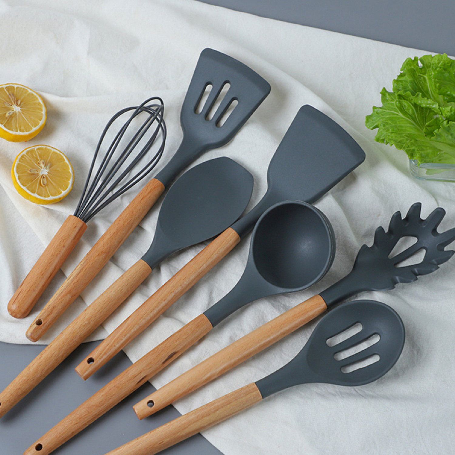 QXXSJ 9Pcs Wooden Handle Silicone Utensils Set, Heat Resistant Non ...