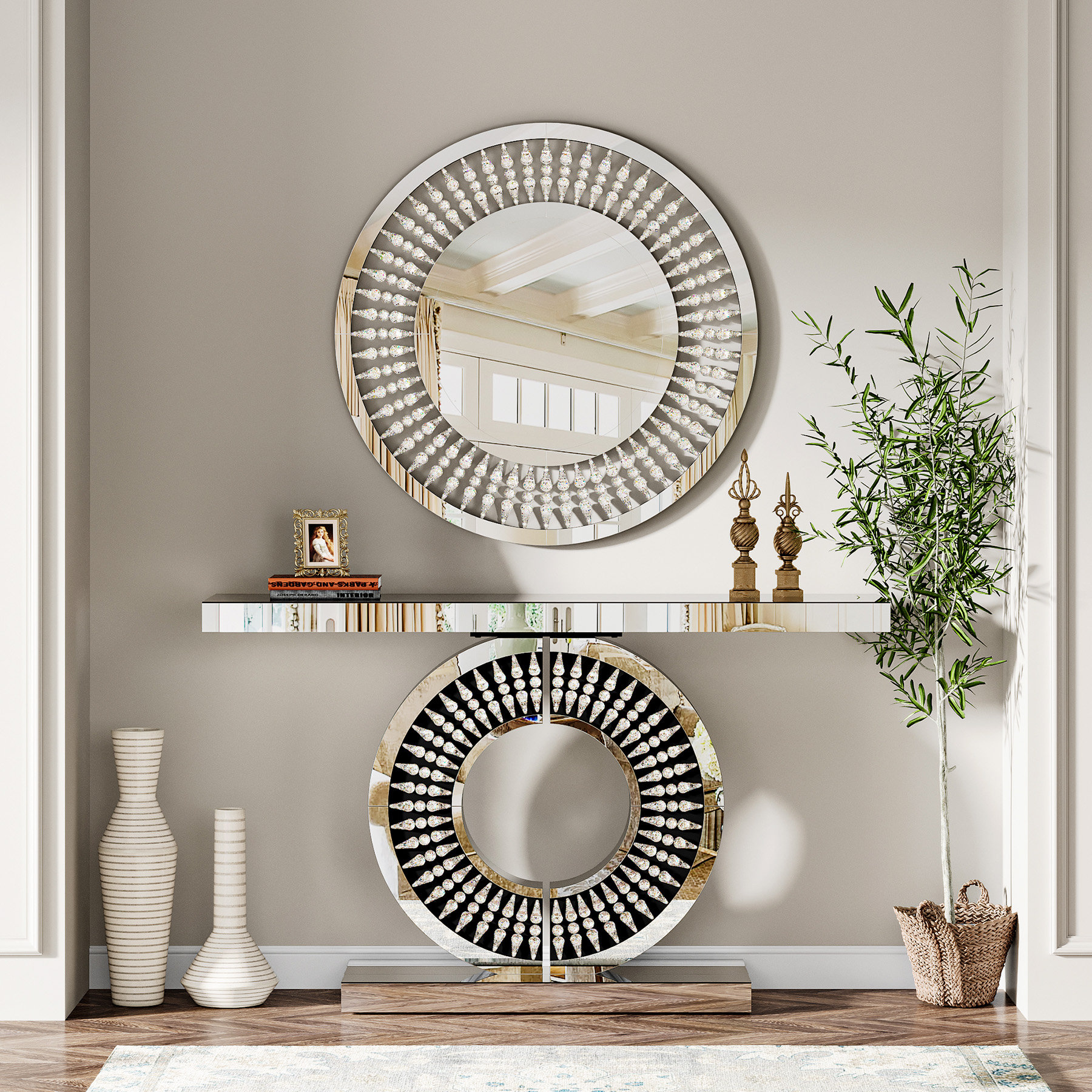 Mercer41 43-Inch Mirrored Console Table With Round Jeweled Decorative ...