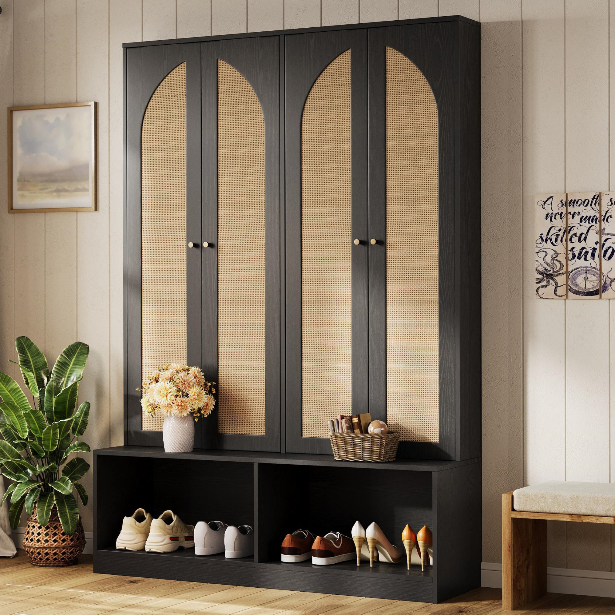 Bay Isle Home™ Farmhouse Entryway Hall Tree with Rattan Doors, 4-in-1 ...