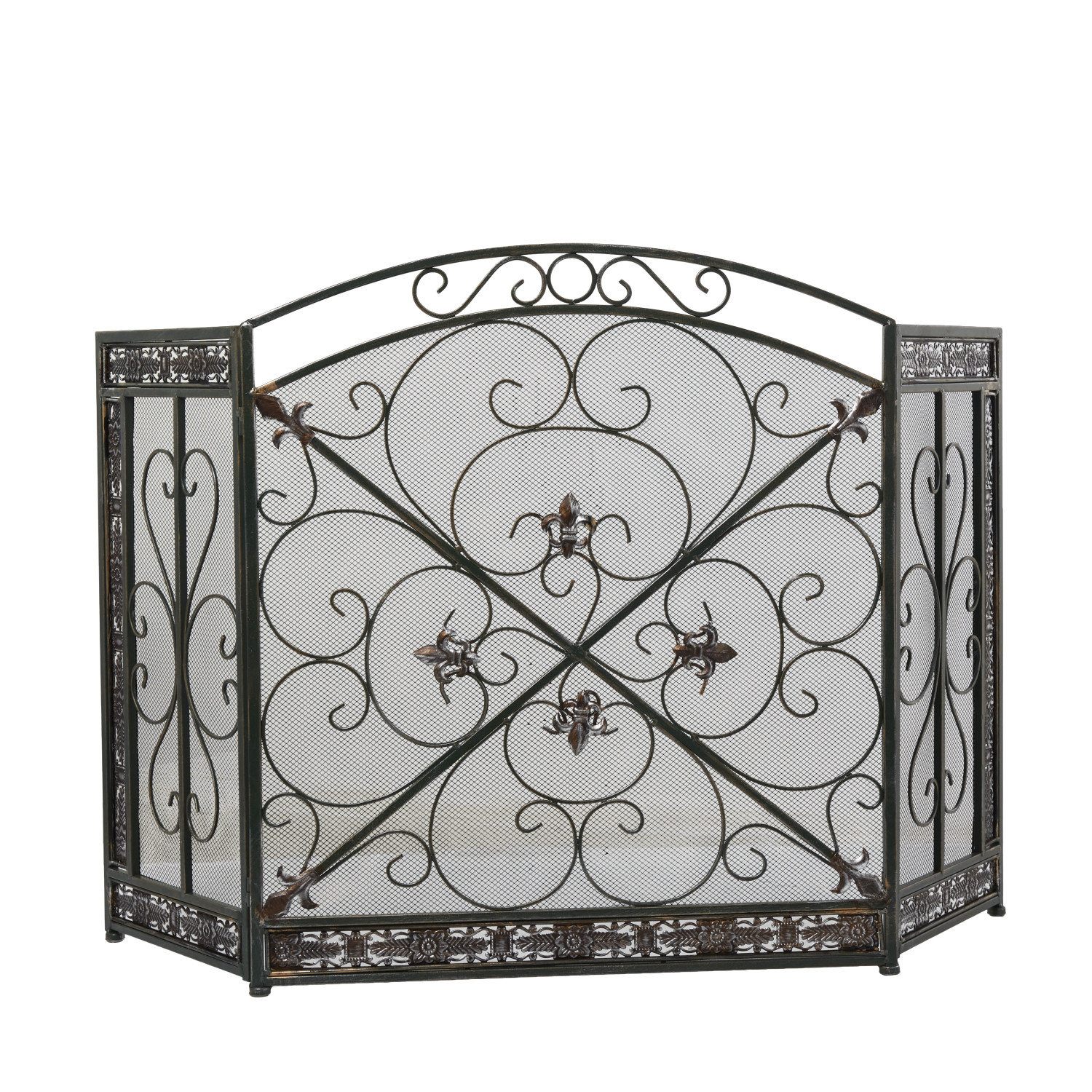 Fleur De Lis Living Traditional 3 Panel Metal Fire Screen With Filigree ...