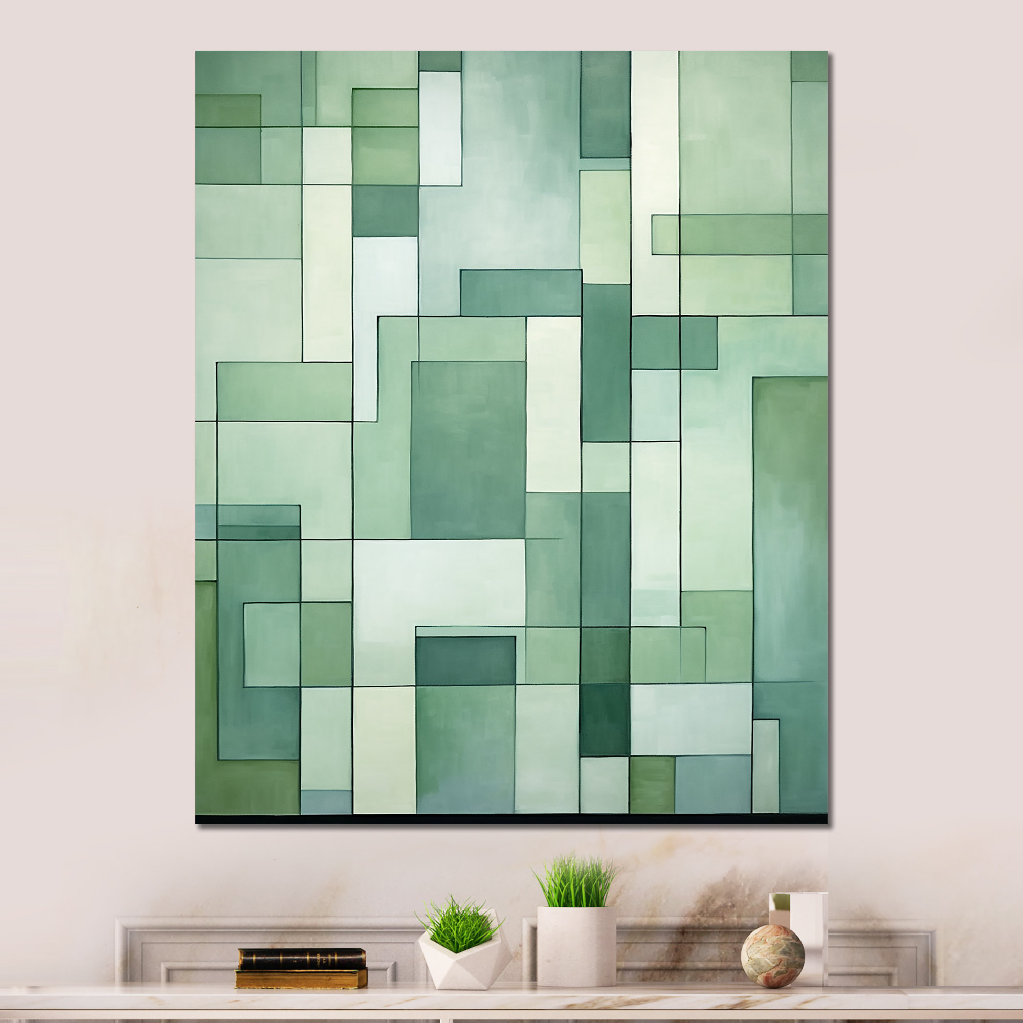 Ivy Bronx Green Cubic Line Art Deco I - Geometric Metal Wall Art Living ...