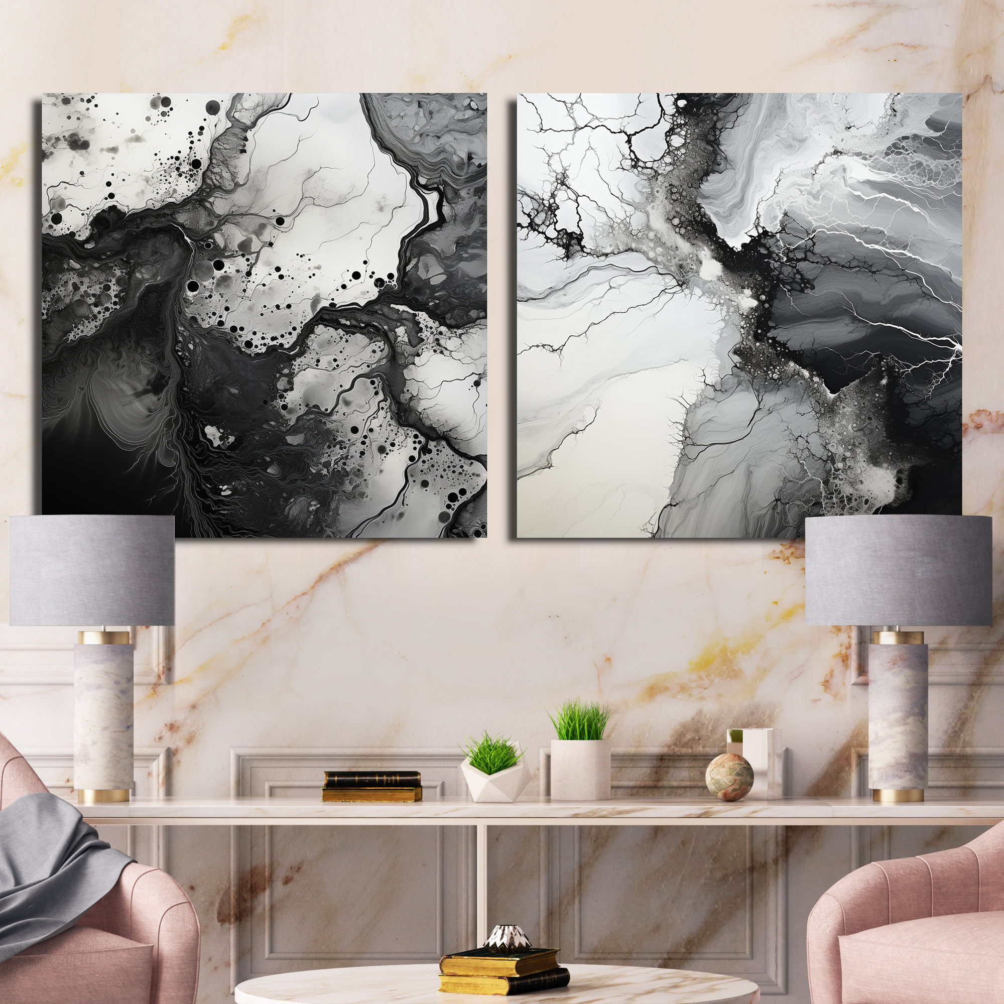 Ivy Bronx Black And White Liquid Ink River - Abstract Liquid Ink Square ...