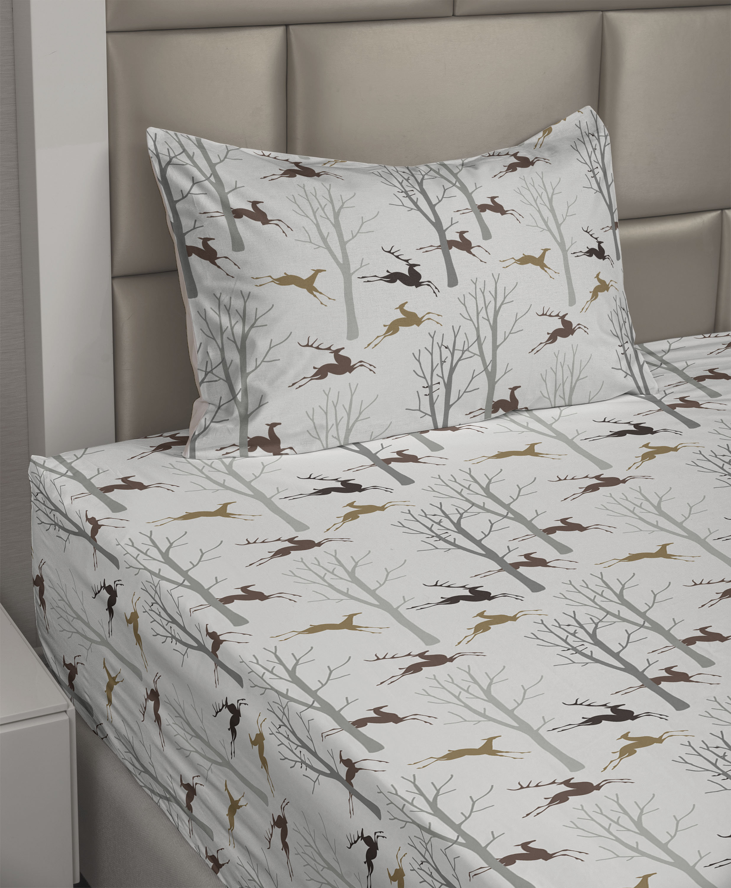 Ambesonne Forest Sheet Set Earthy Colors Deer Trees Art Brown Eggshell ...