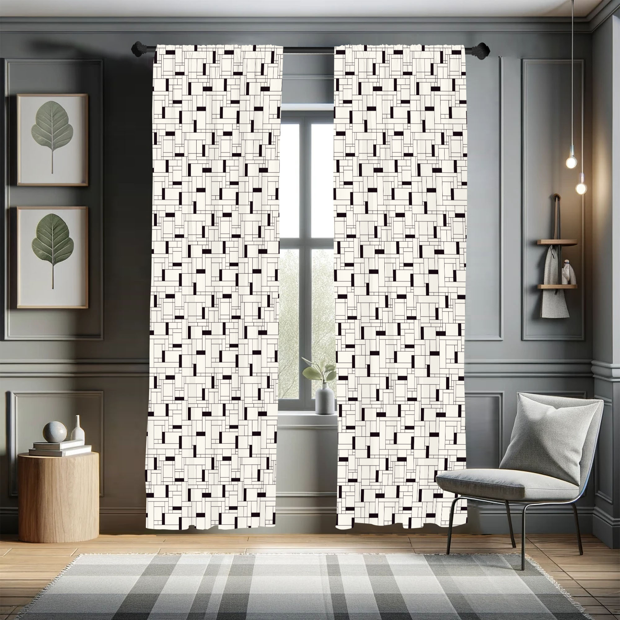 Ebern Designs Geometric Curtains, Modern Rectangular Grid, Pair of 28 ...