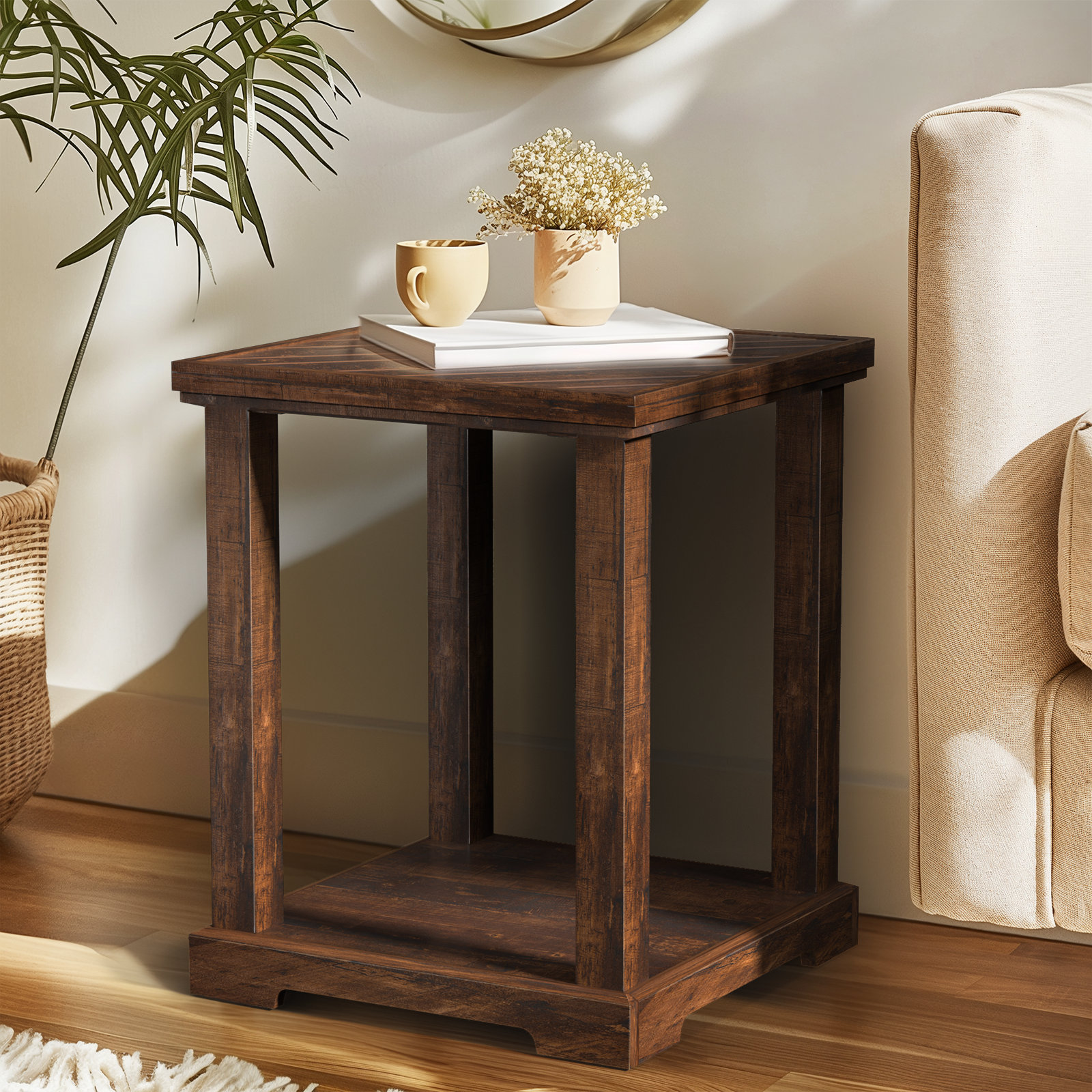 Millwood Pines Wood Rectangular End Table with Lower Shelf, Nightstand ...