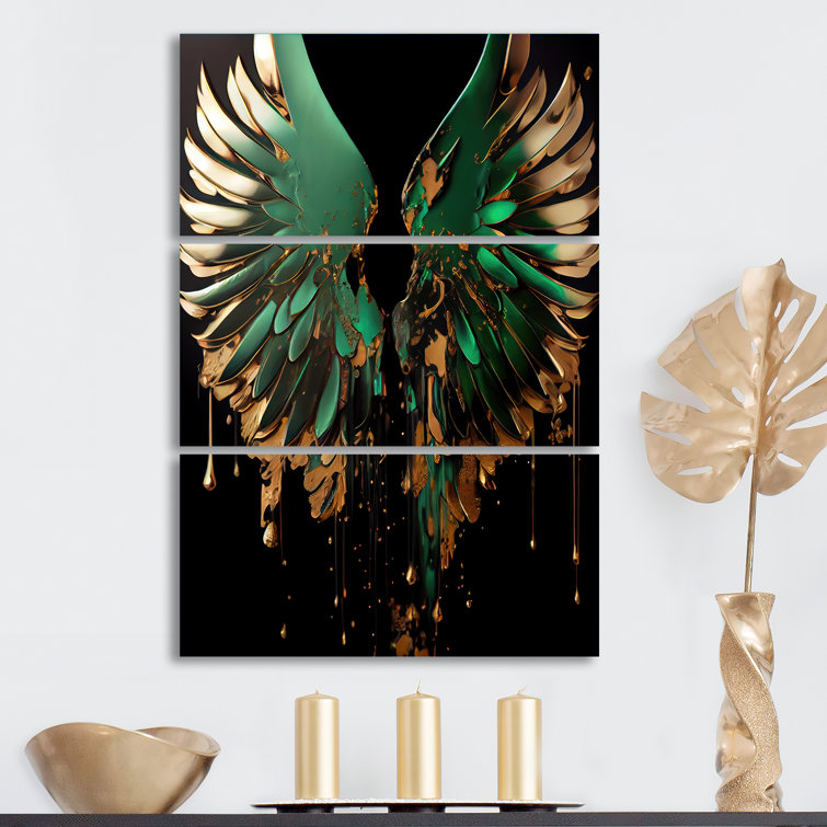 Everly Quinn Eleya Green And Gold Angel Wings II On Canvas 3 Pieces ...