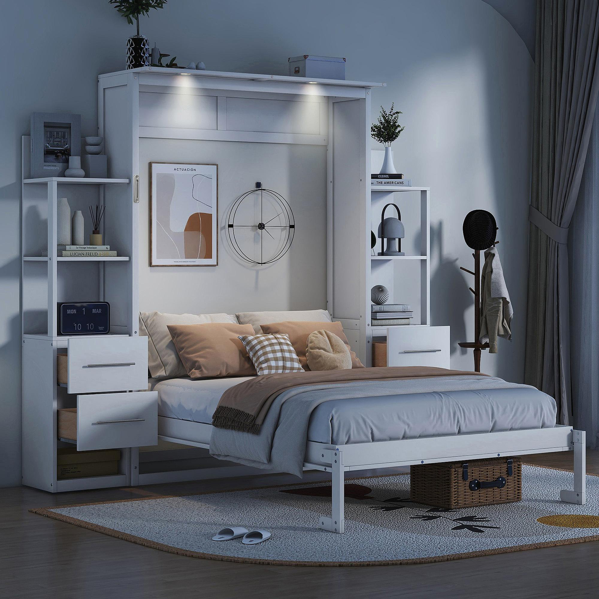 Latitude Run® Full Size Murphy Bed Wall Bed With Shelves, Drawers And ...