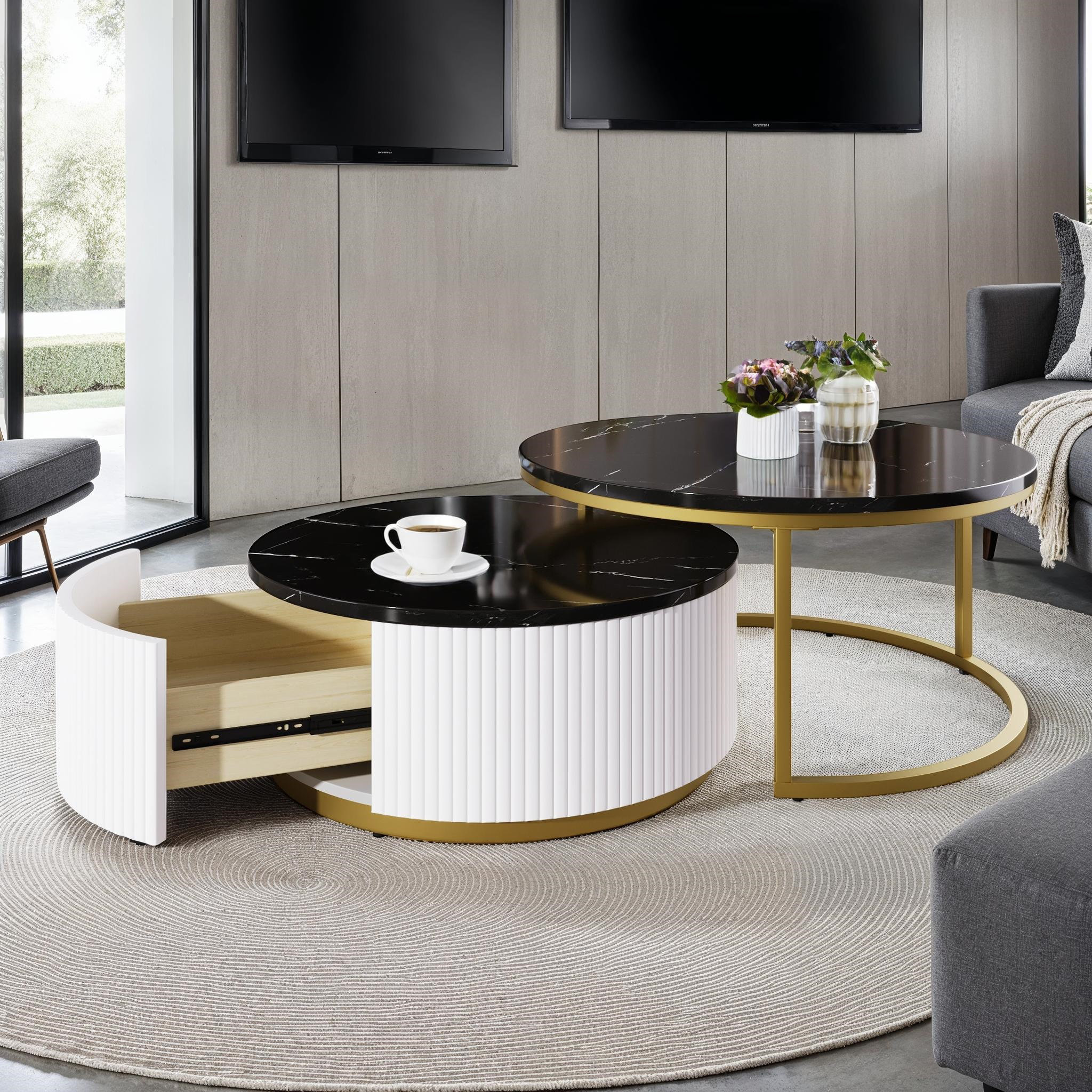 Everly Quinn Modern Round Nesting Coffee Table Set with Drawer–Fluted ...