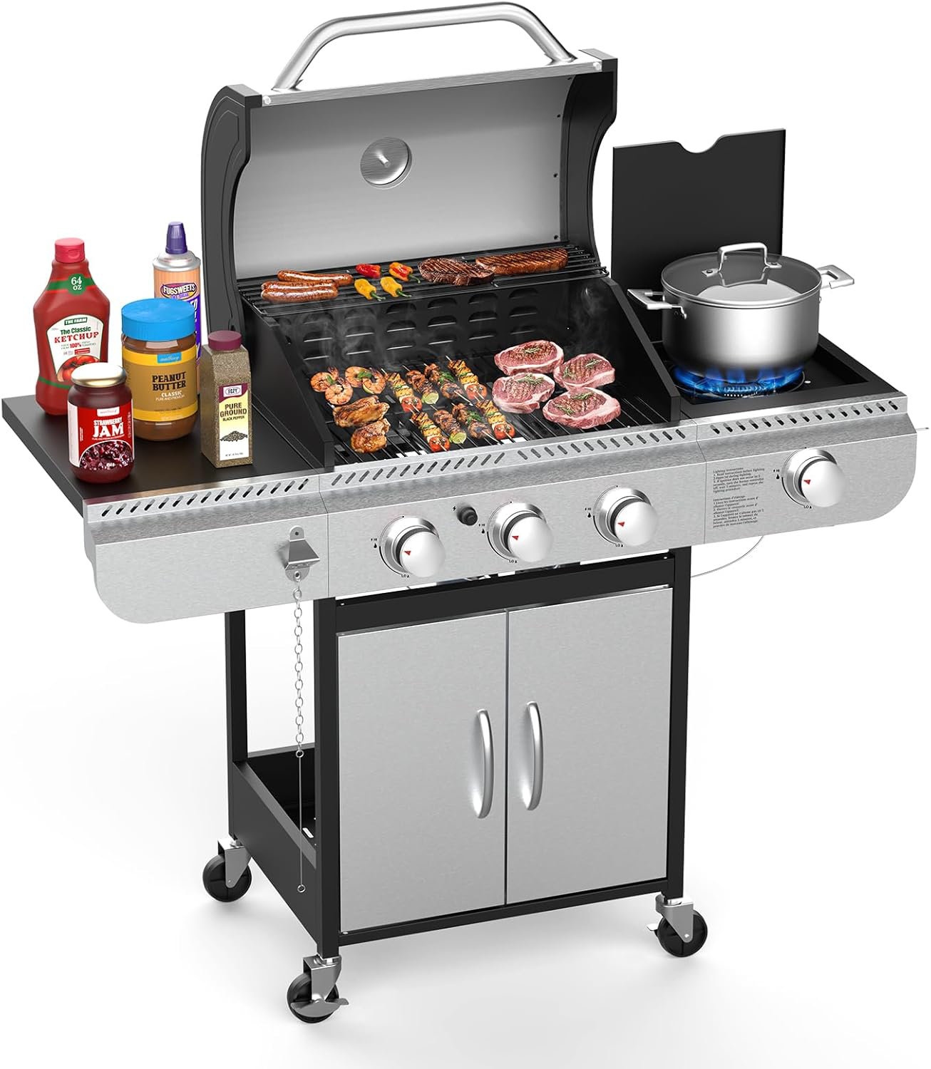 Gass Grills Propane ELJGET 3-Burner Propane Gas Grill With Side Burner ...