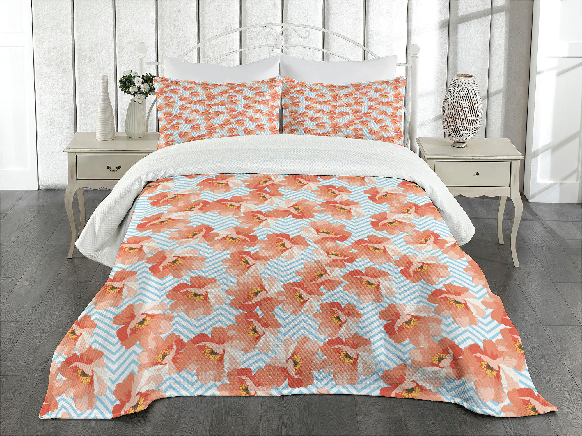 Ambesonne Coral Bedspread Set Romantic Poppy Flowers Coral Pale Blue ...