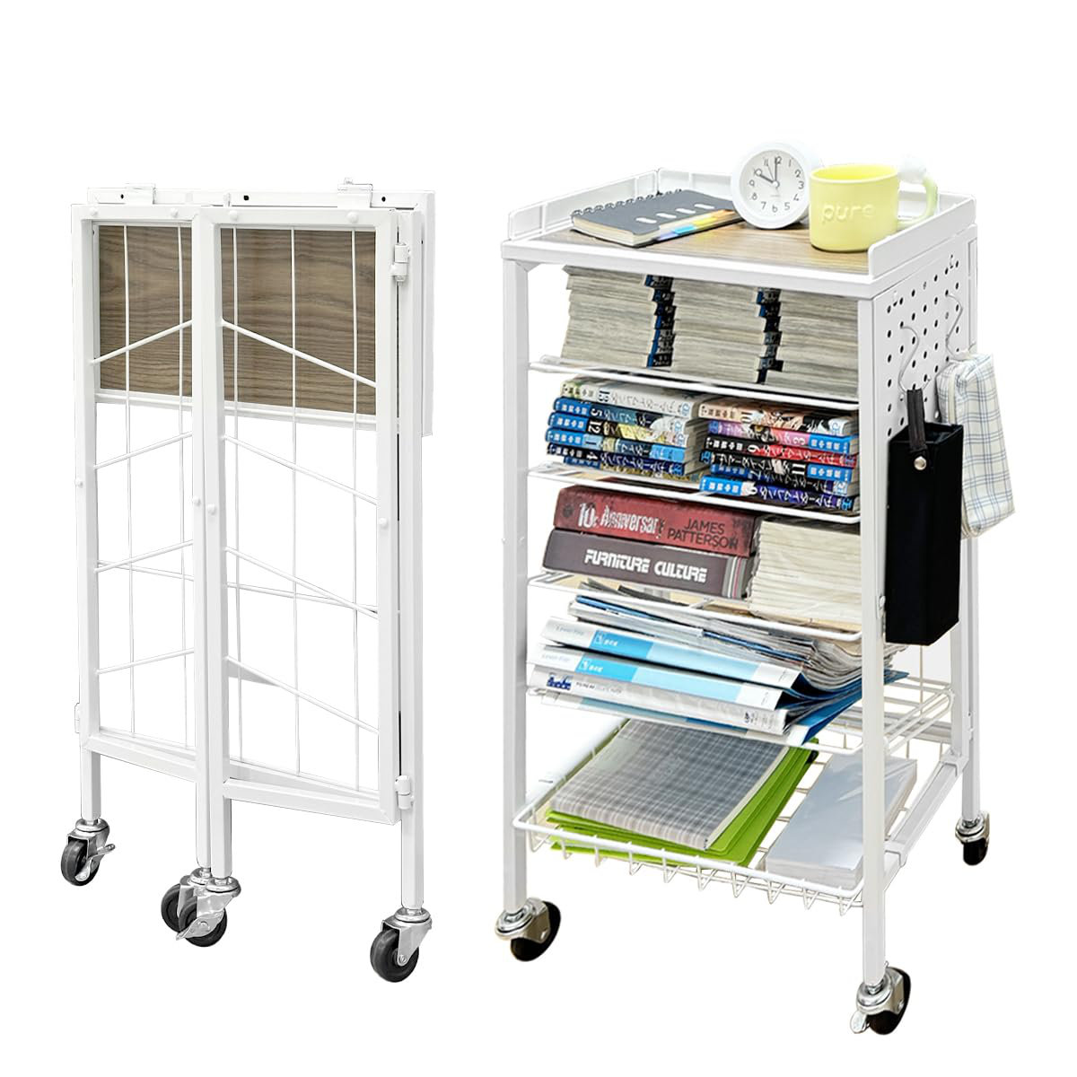 BBCPC 6-Tier Foldable Book Cart, V-Shaped Sloped Shelves, Rolling ...
