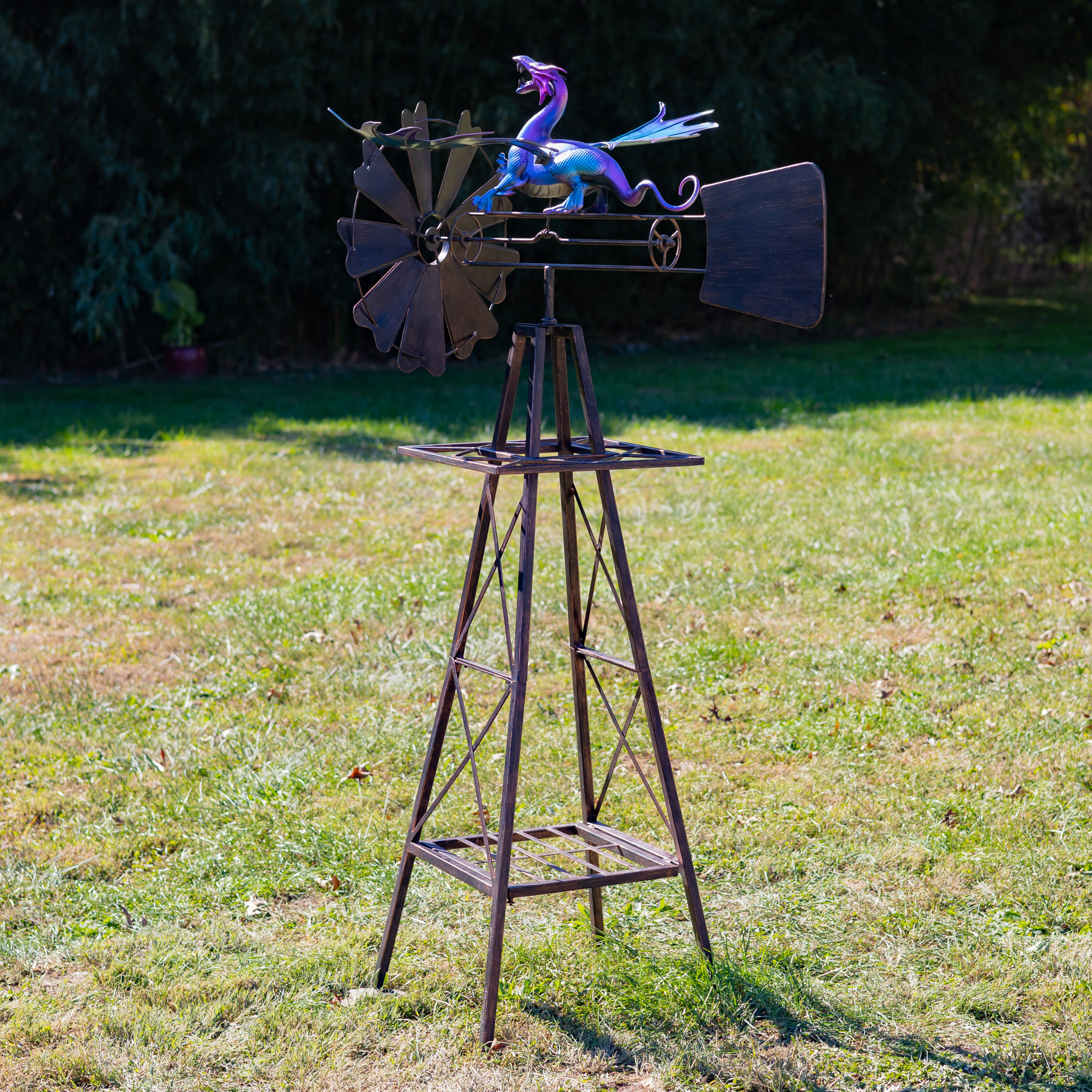 August Grove 61.8"T. Iron Windmill with Flapping Iridescent Dragon ...