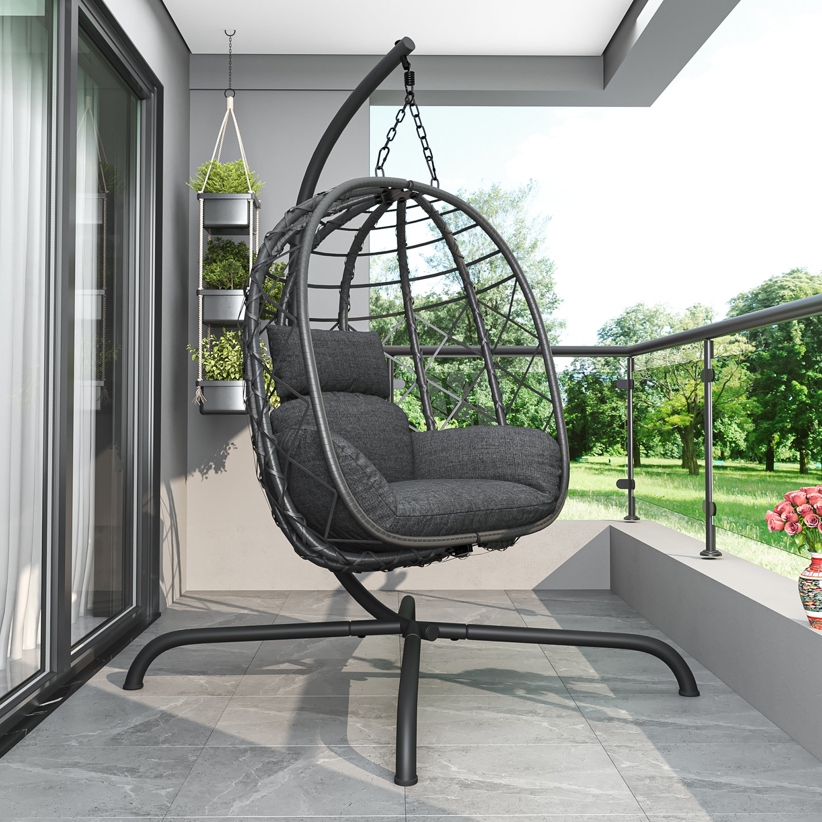 Dakota Fields Hanging Egg Chair With Stand For Indoor Outdoor, Foldable Wicker Rattan Patio Egg ...