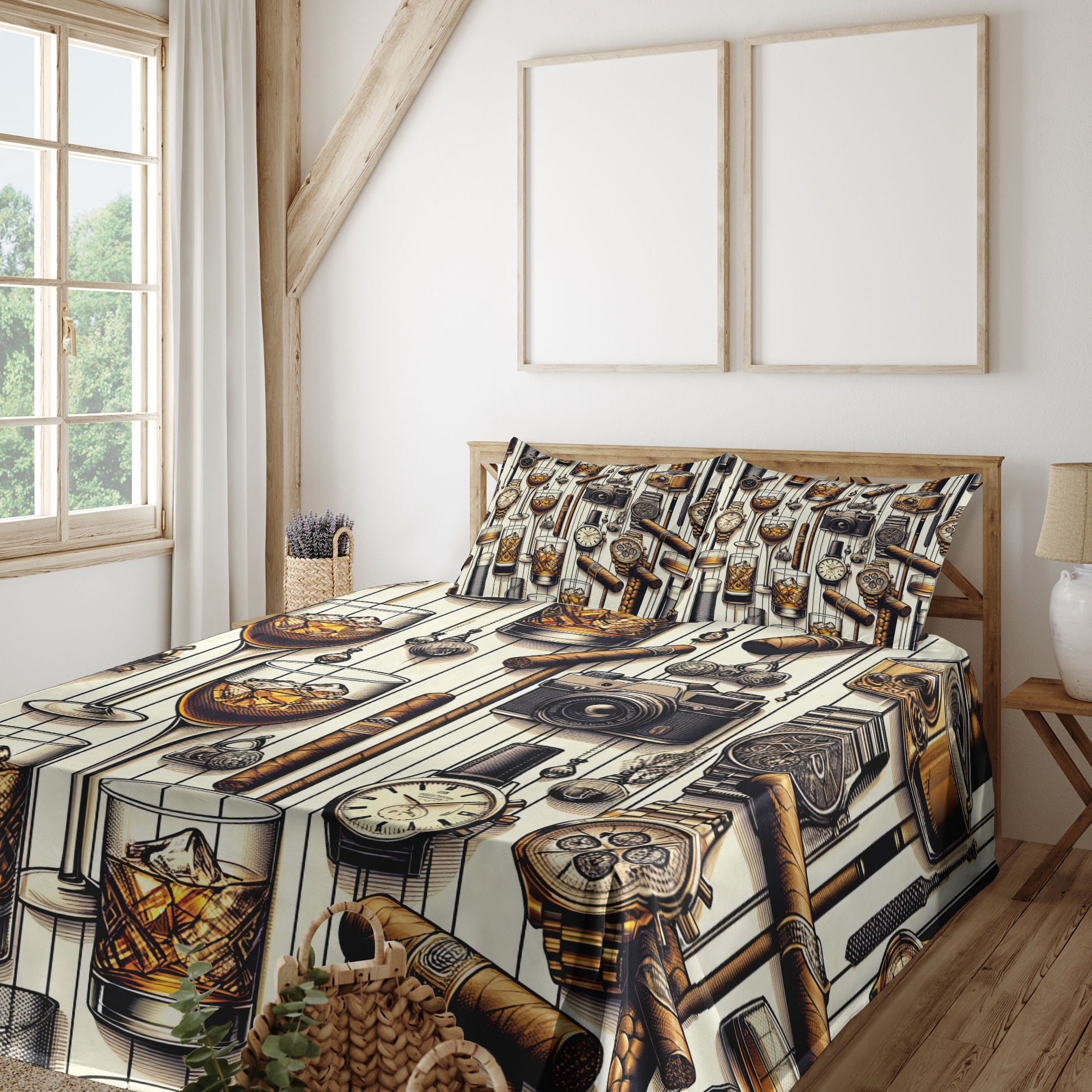 Ambesonne Man Cave Sheet Set Iced Whiskey Watches Cigar Amber Brown and ...