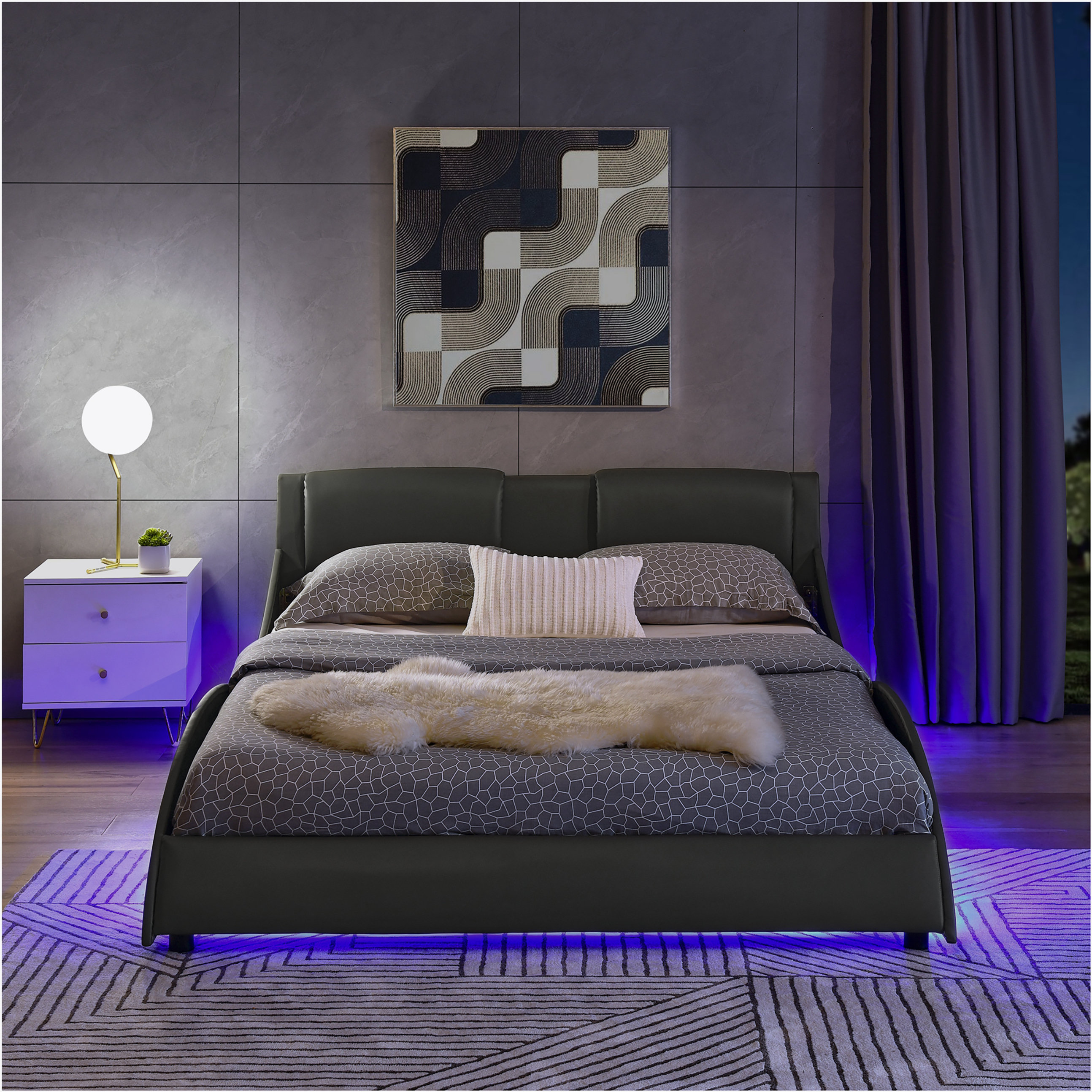 Ivy Bronx Queen Led Bed Frame Modern Faux Leather Upholstered Platform ...