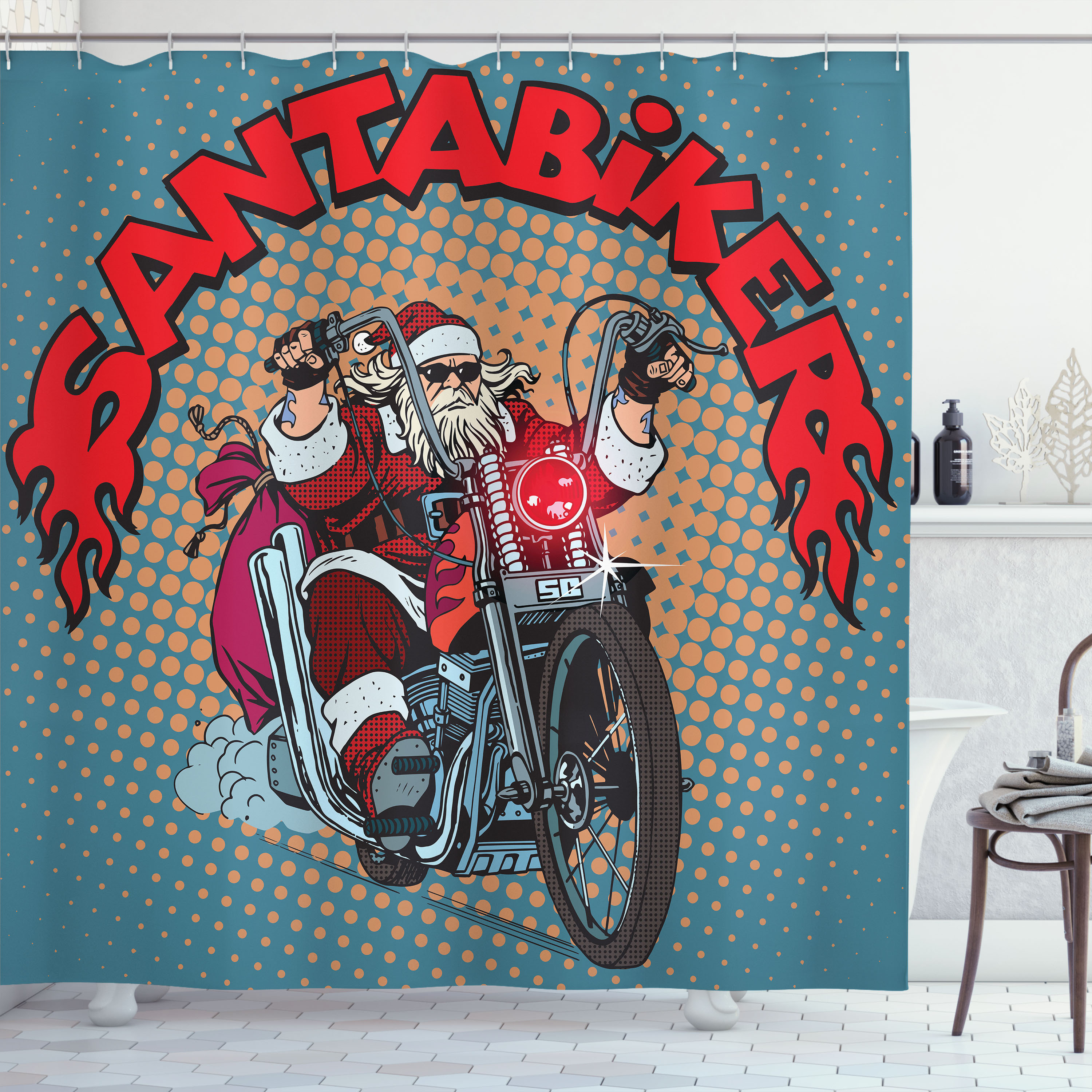 The Holiday Aisle® Santa Shower Curtain Pop Art Retro Biker Santa ...