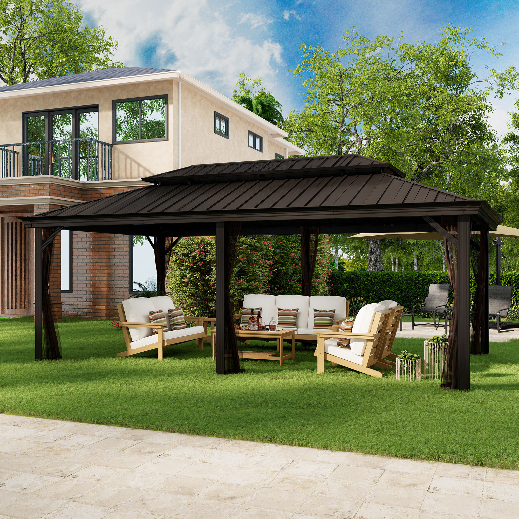 clihome Versatile Hanging Hooks Outdoor Gazebo with Mesh Curtains Dual ...