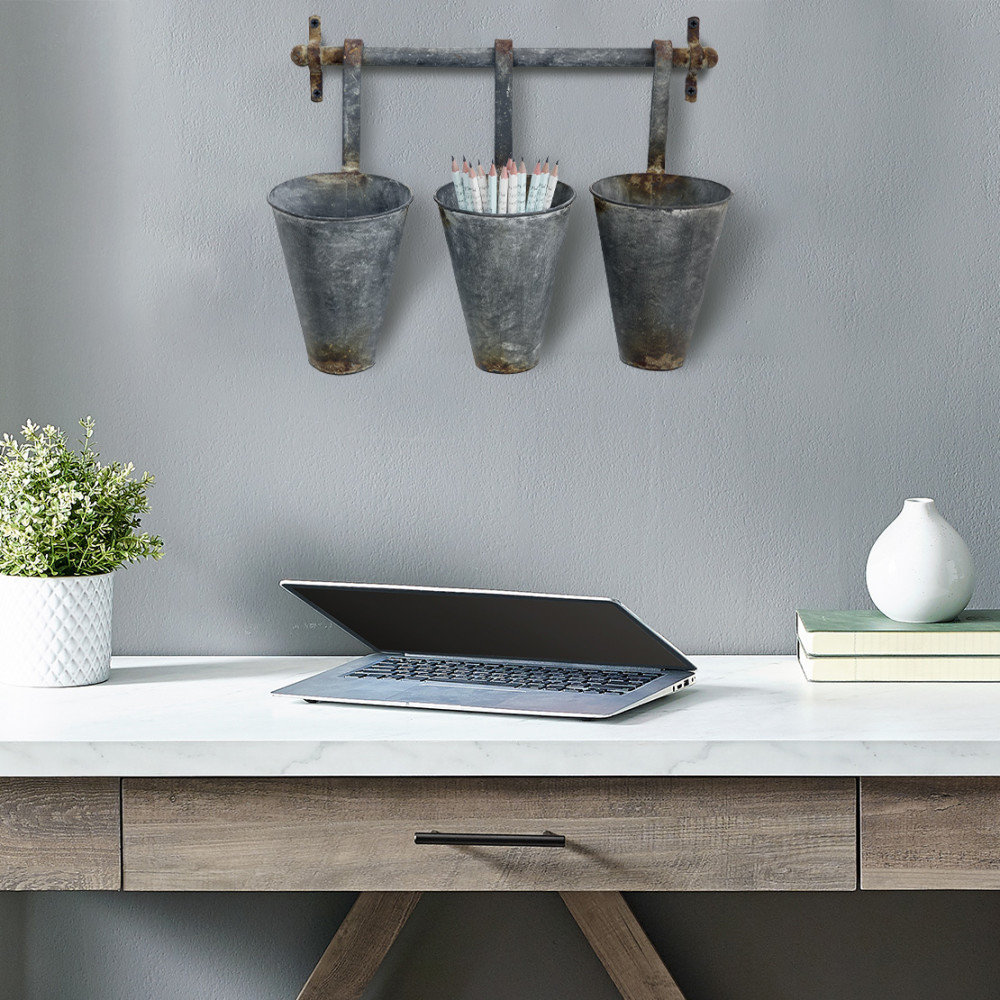 Gracie Oaks Antiqued Metal Wall Rack with 3 Hanging Cone Pots & Reviews ...