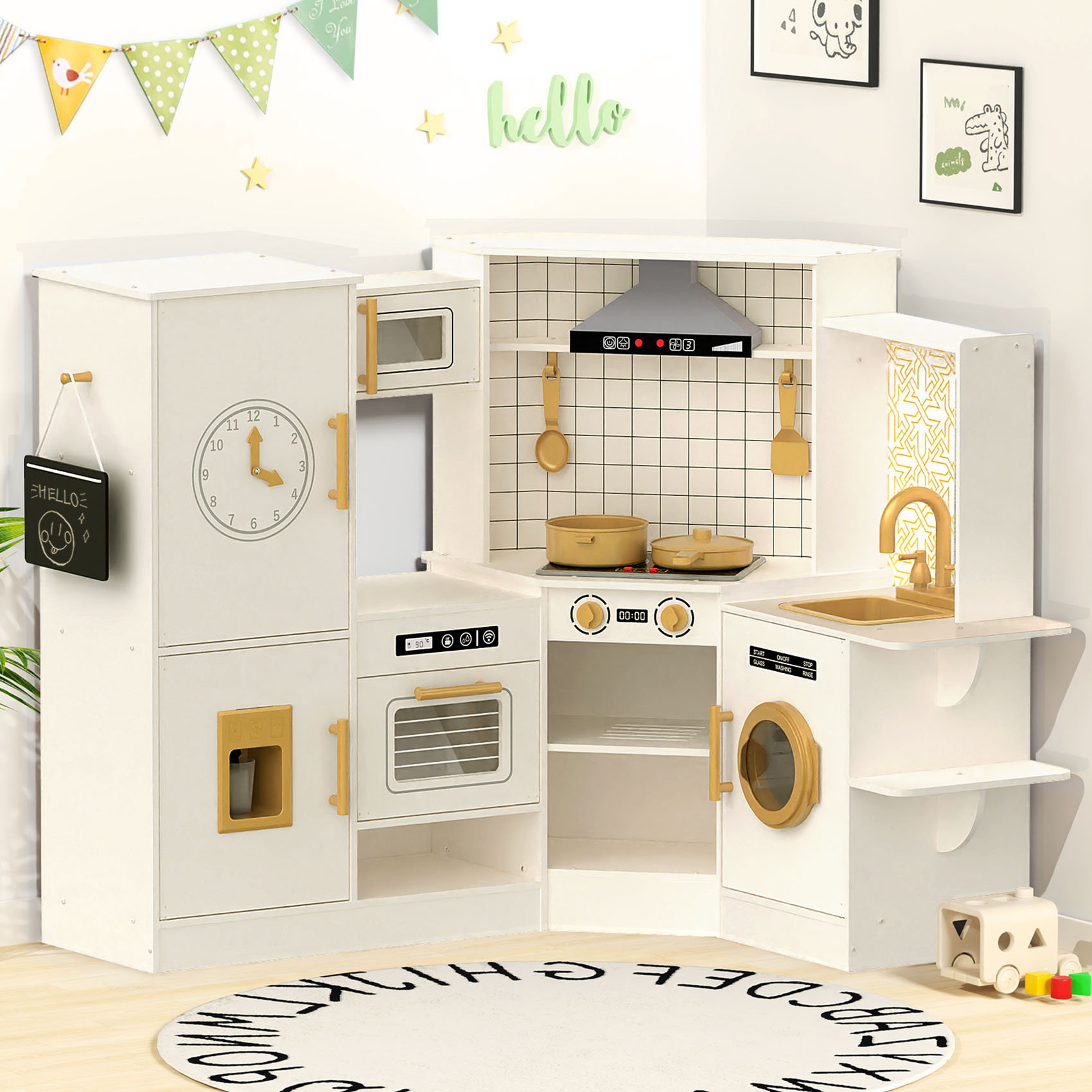 Suteck Coner Wooden Play Kitchen Kits 28 Pcs Toy Food & Cookware ...