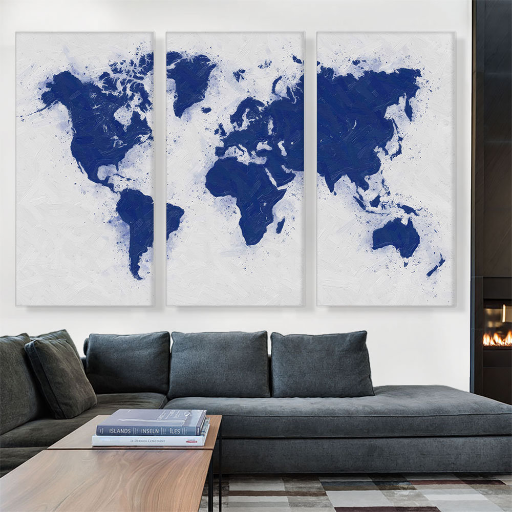 ARTCANVAS Navy Blue White World Map - 3 Piece Wrapped Canvas Graphic ...