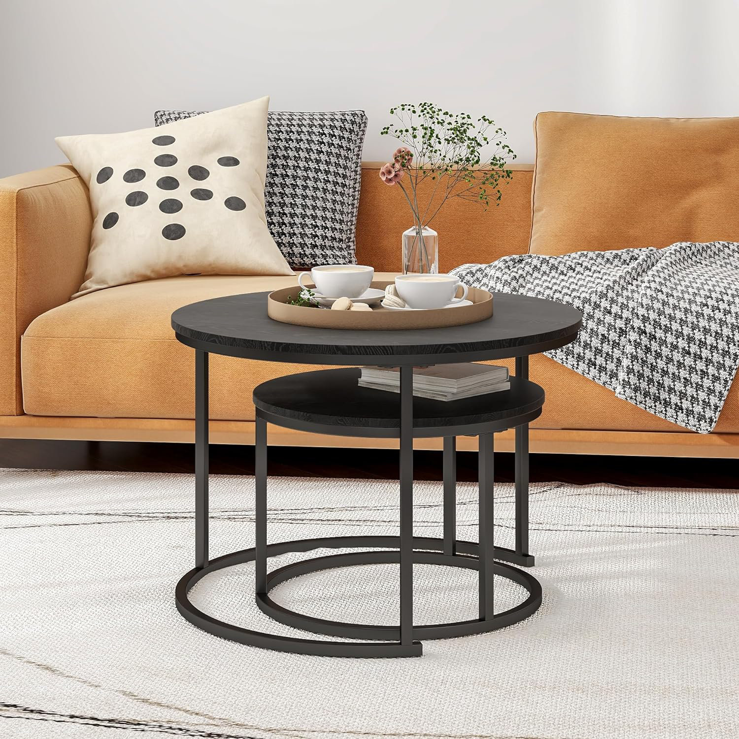 One Allium Way® Round Nesting Coffee Table Set Of 2, Black Wooden ...