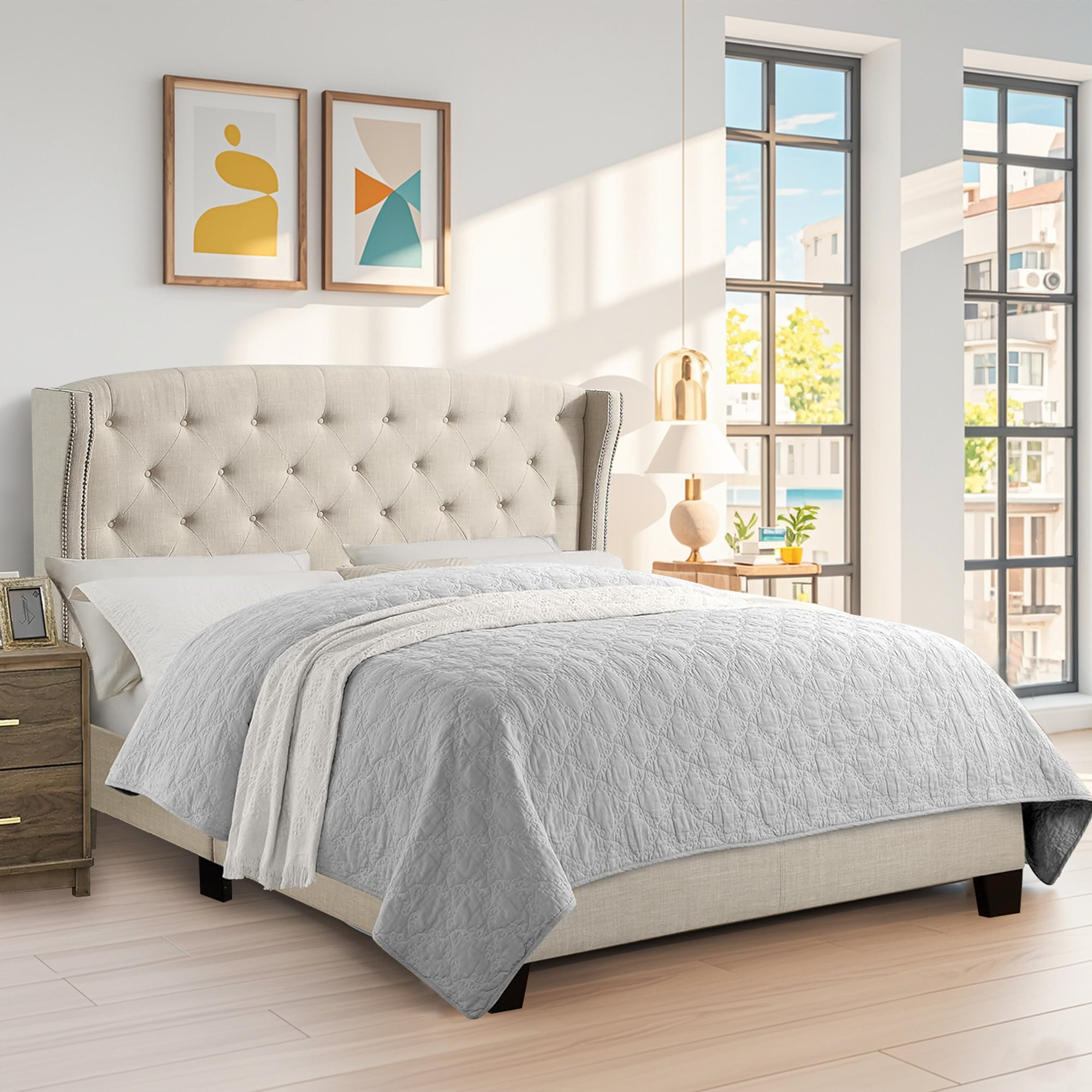 Lark Manor™ Upholstered Wingback Platform Bed, Linen Fabric Bed Frame ...