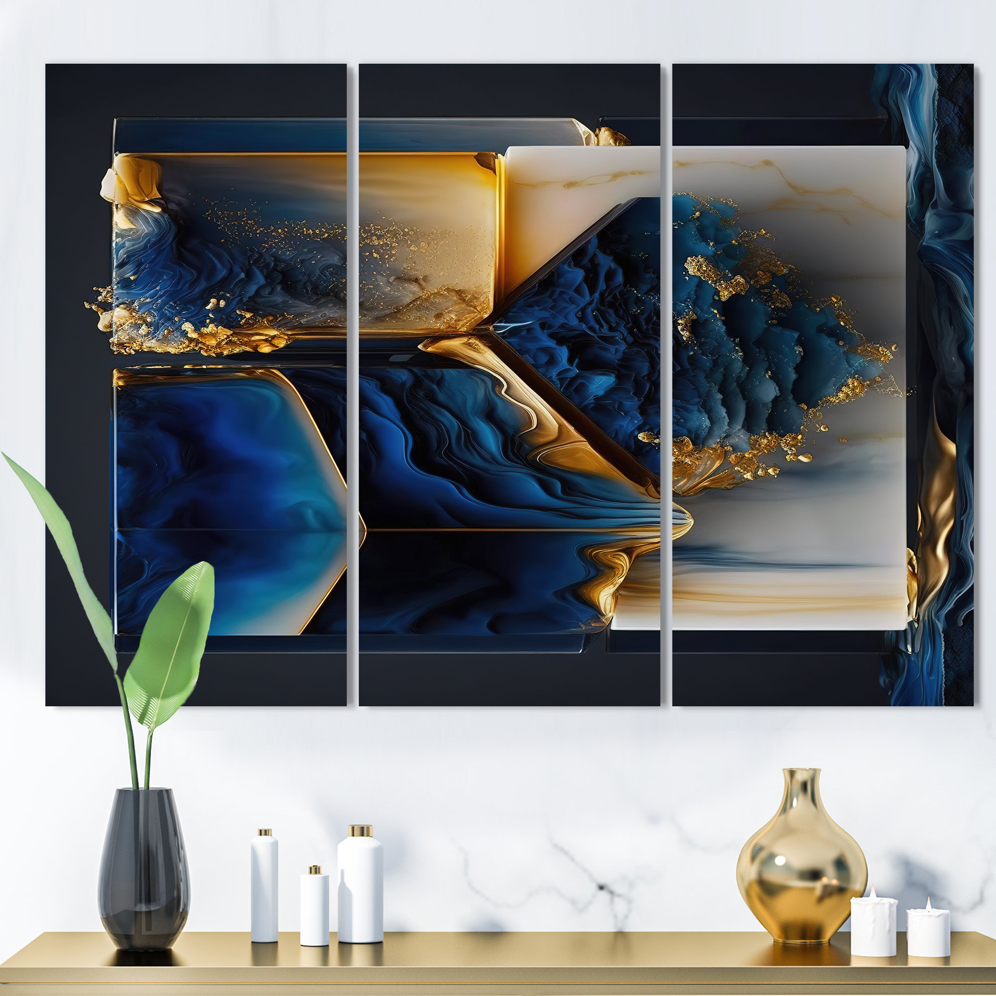 Design Art Abstract Geode Gold And Blue Marble Shape II - 3 Piece Print ...